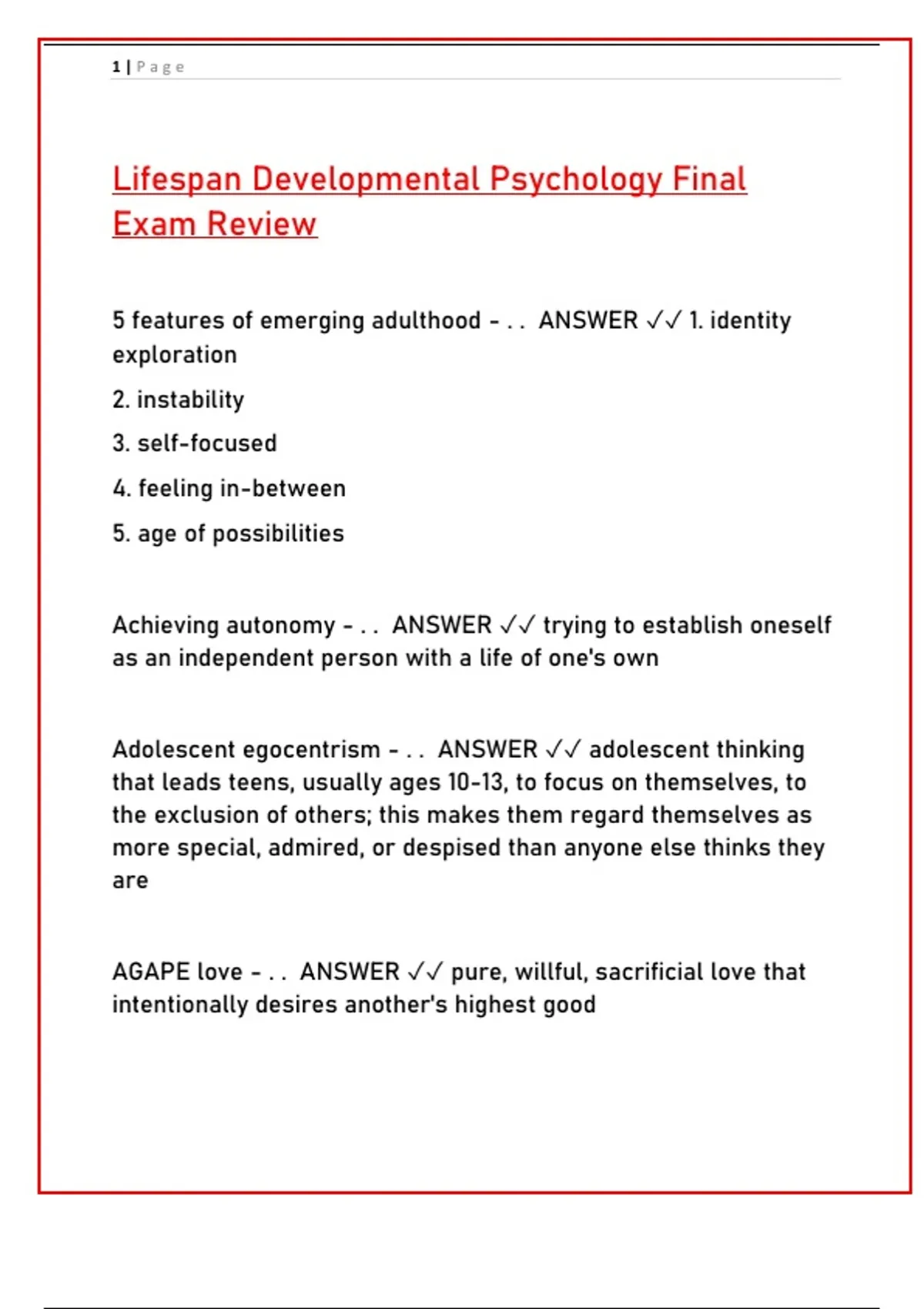Lifespan Developmental Psychology Final Exam Review 2025 | Questions ...