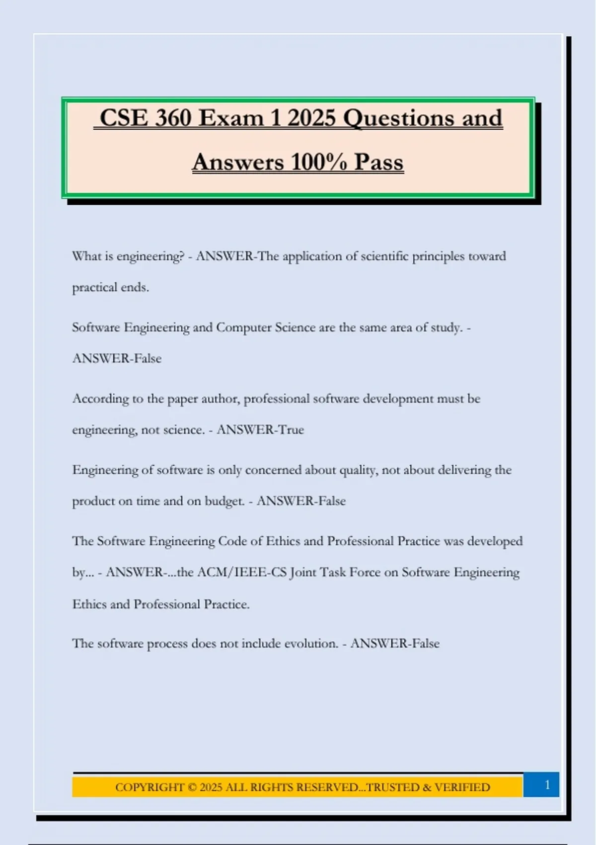 CSE 360 Exam 1 2025 Questions and Answers 100% Pass - CSE 360 - Stuvia US
