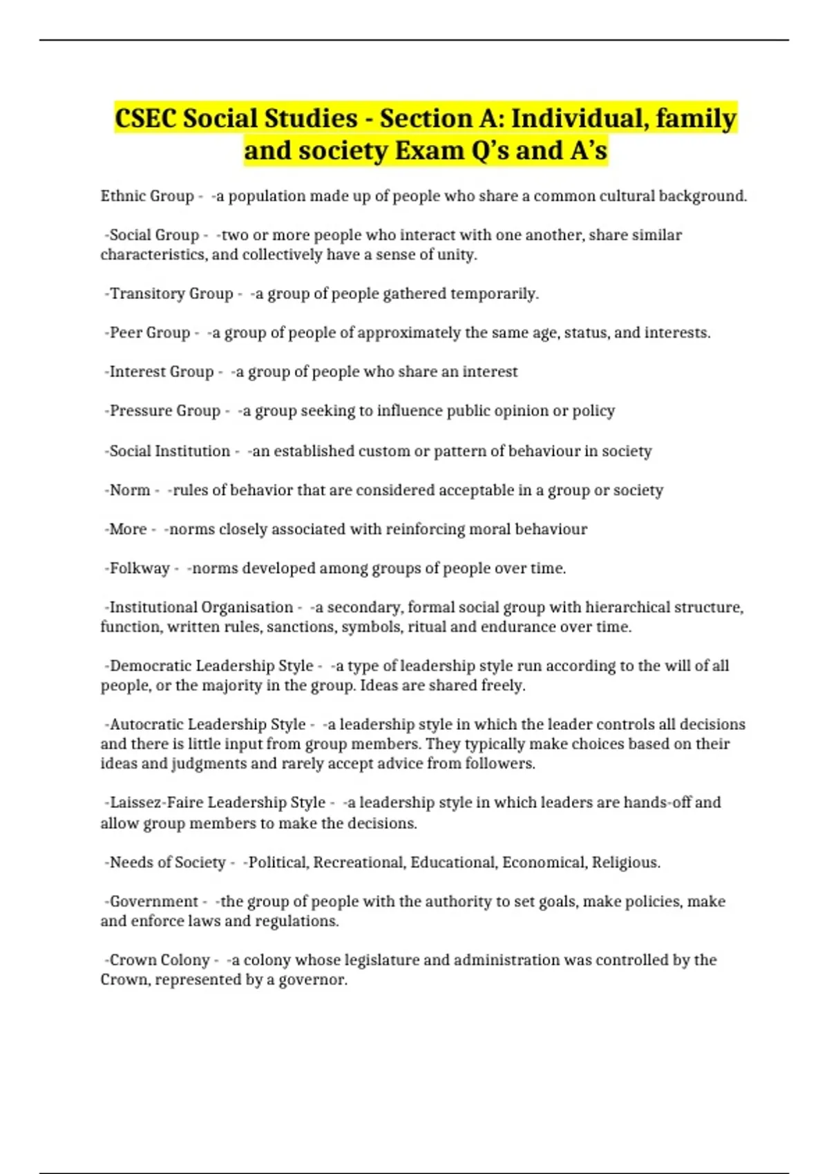 CSEC Social Studies - Section A: Individual, family and society Exam Q ...