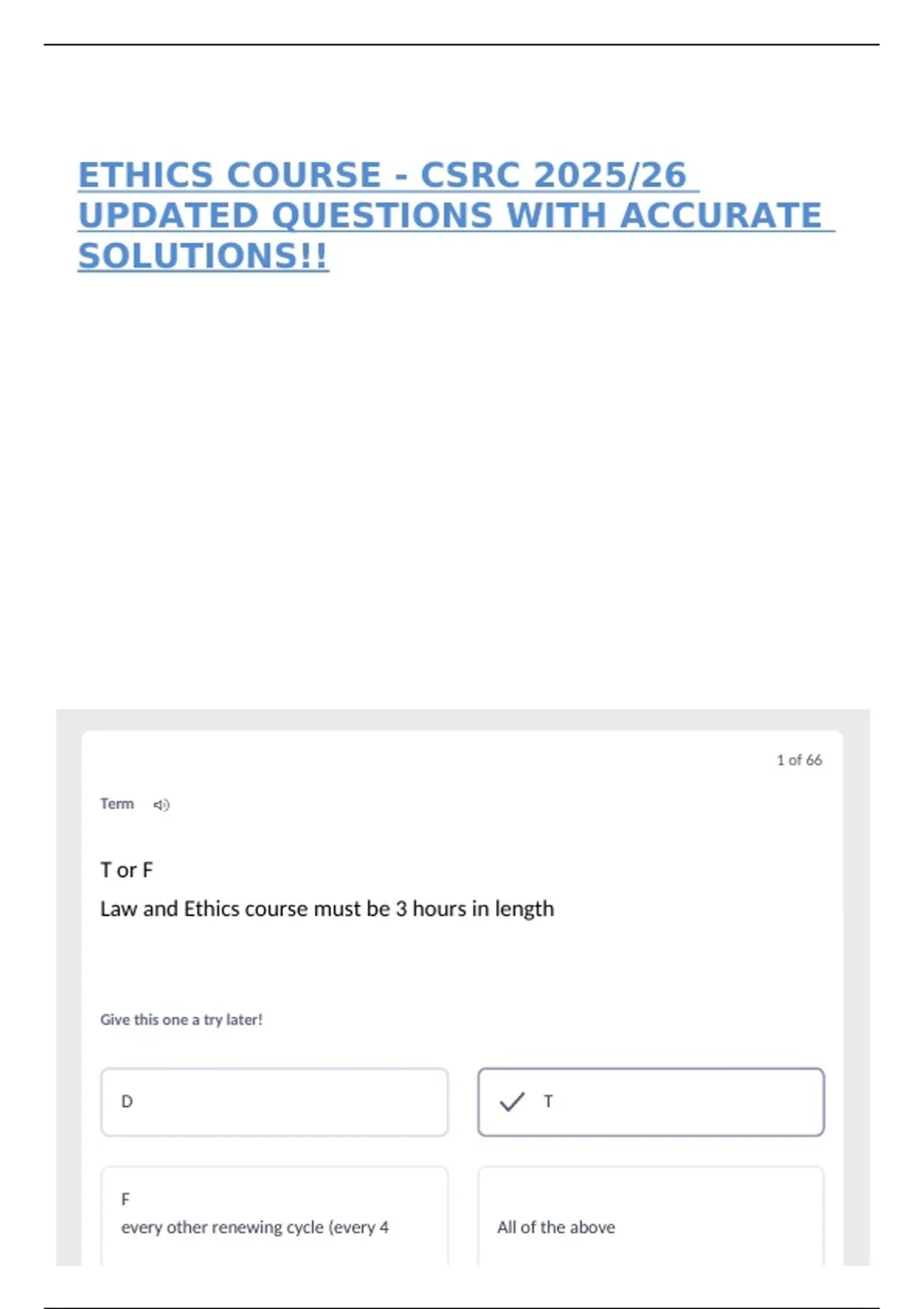 ETHICS COURSE - CSRC 2025/26 UPDATED QUESTIONS WITH ACCURATE SOLUTIONS ...