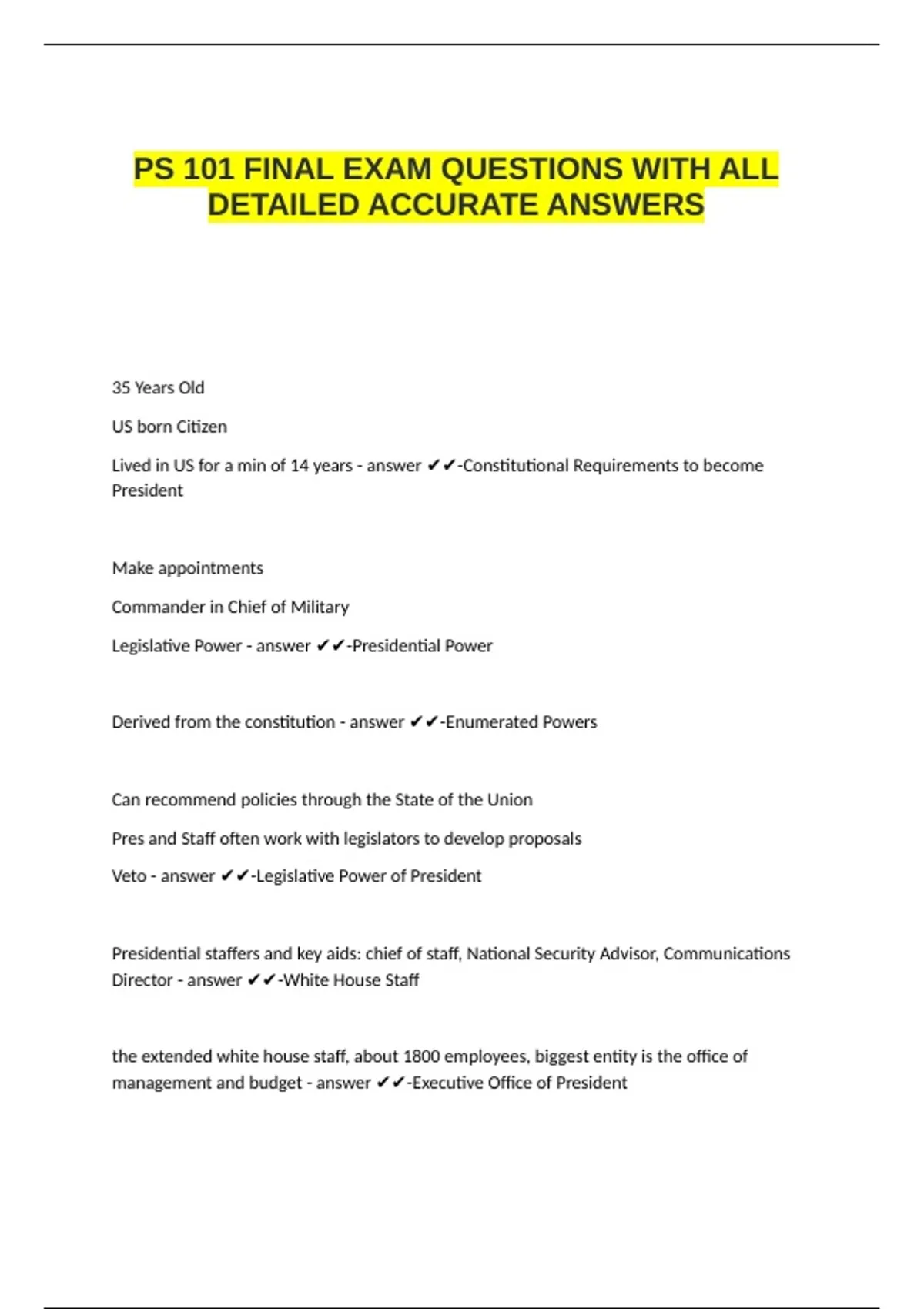 PS 101 FINAL EXAM QUESTIONS WITH ALL DETAILED ACCURATE ANSWERS - PS 101 ...