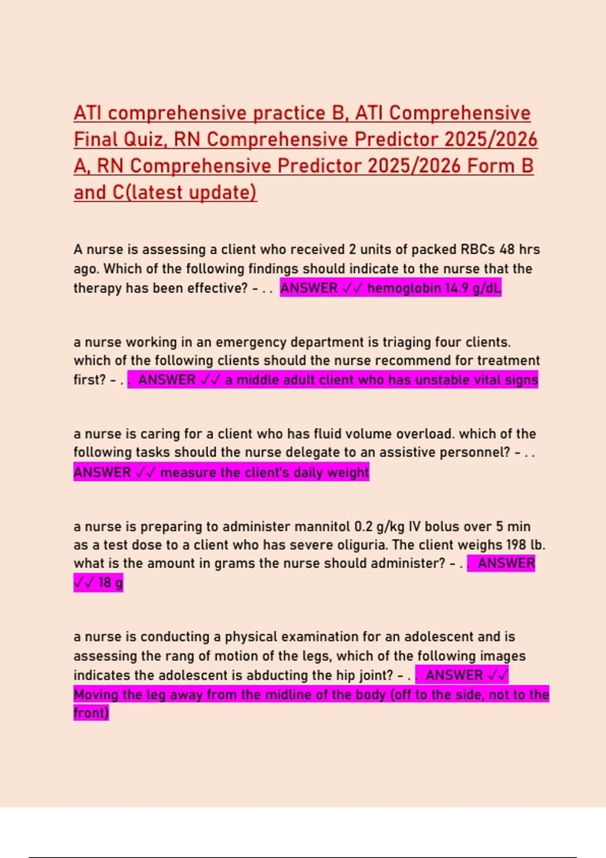 ATI Comprehensive Predictor Practice B & Final Quiz 2025/2026 – RN Exam ...
