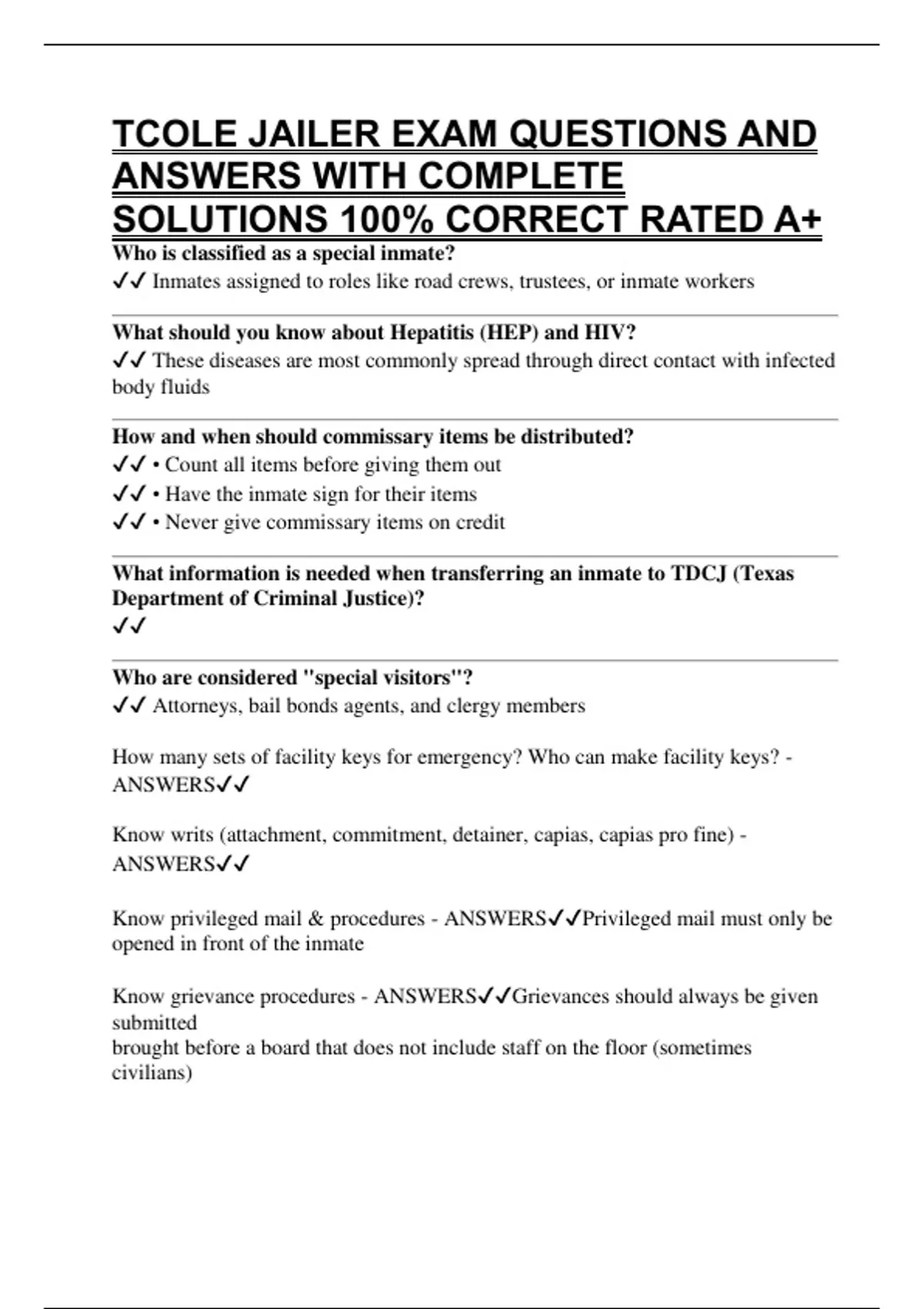 TCOLE JAILER EXAM QUESTIONS AND ANSWERS WITH COMPLETE SOLUTIONS 100% ...