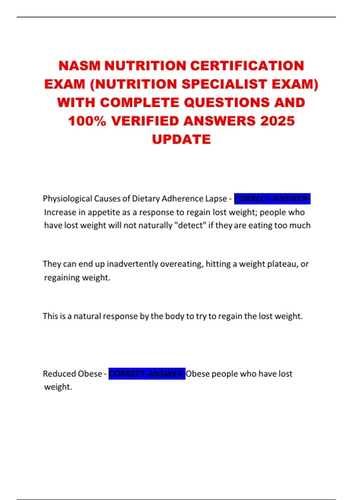 NASM NUTRITION CERTIFICATION EXAM (NUTRITION SPECIALIST EXAM) WITH ...