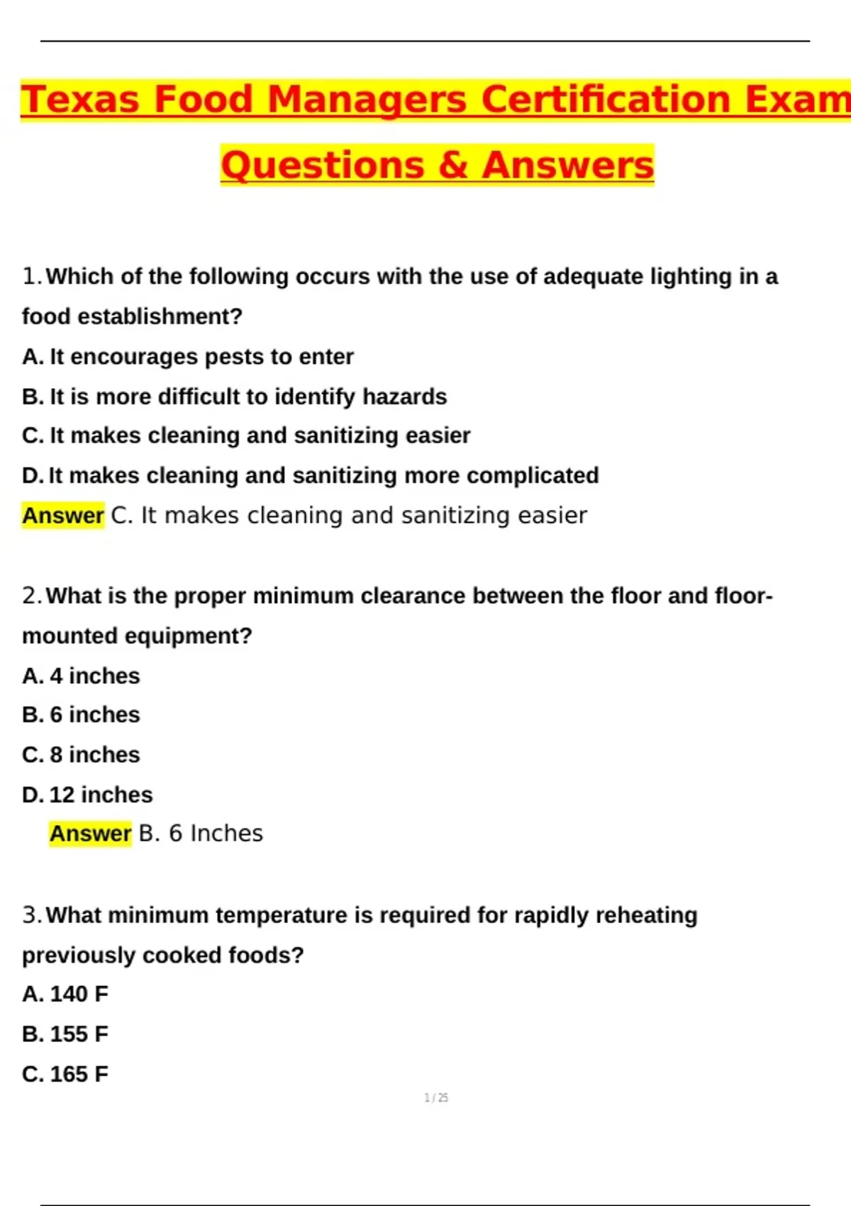 Texas Food Managers Certification Exam (Latest 2025 / 2026 Update ...