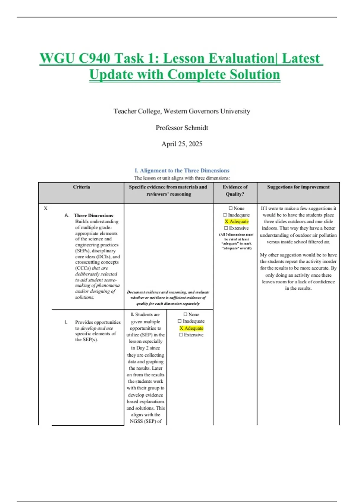 WGU C940 Task 1: Lesson Evaluation| Latest Update with Complete ...