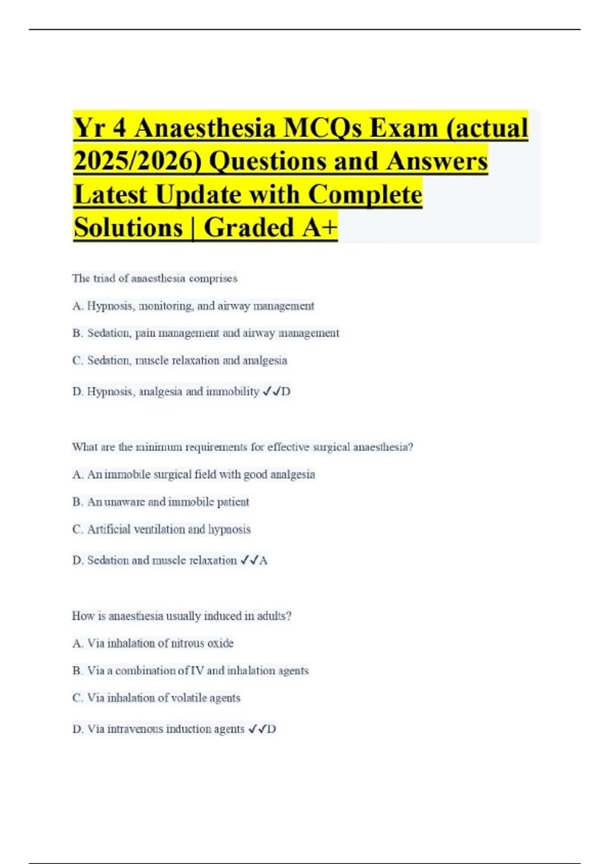 Yr 4 Anaesthesia MCQs Exam (actual 2025/2026) Questions and Answers ...