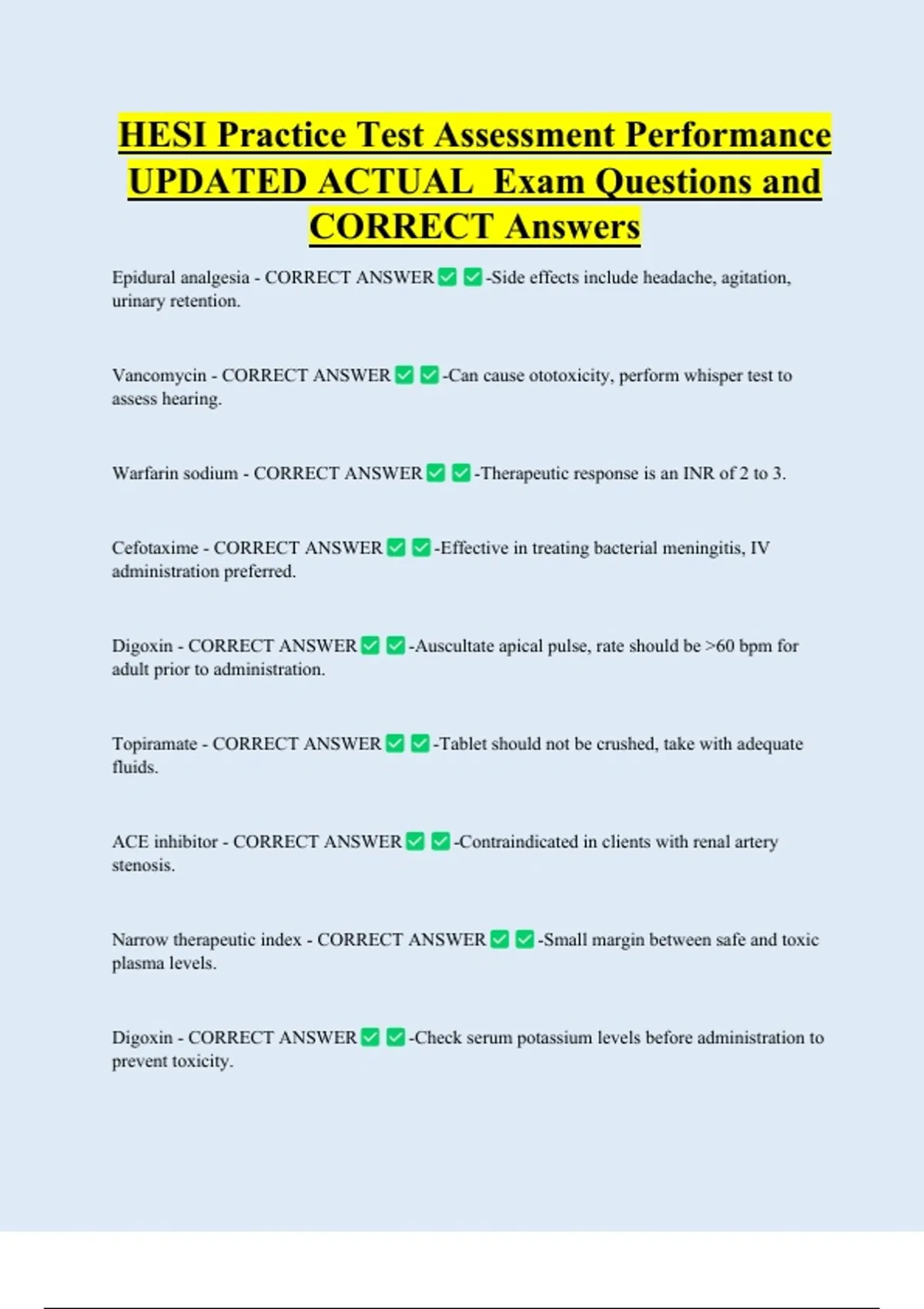 HESI Practice Test Assessment Performance UPDATED ACTUAL Exam Questions ...