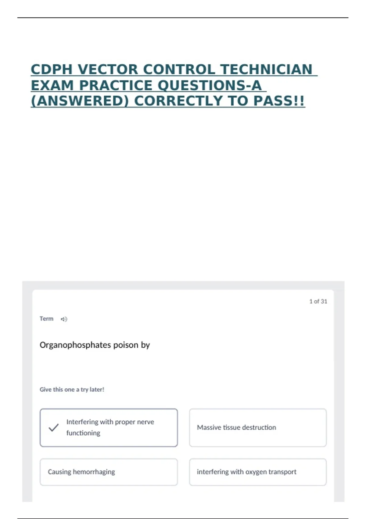 CDPH VECTOR CONTROL TECHNICIAN EXAM PRACTICE QUESTIONS-A (ANSWERED ...