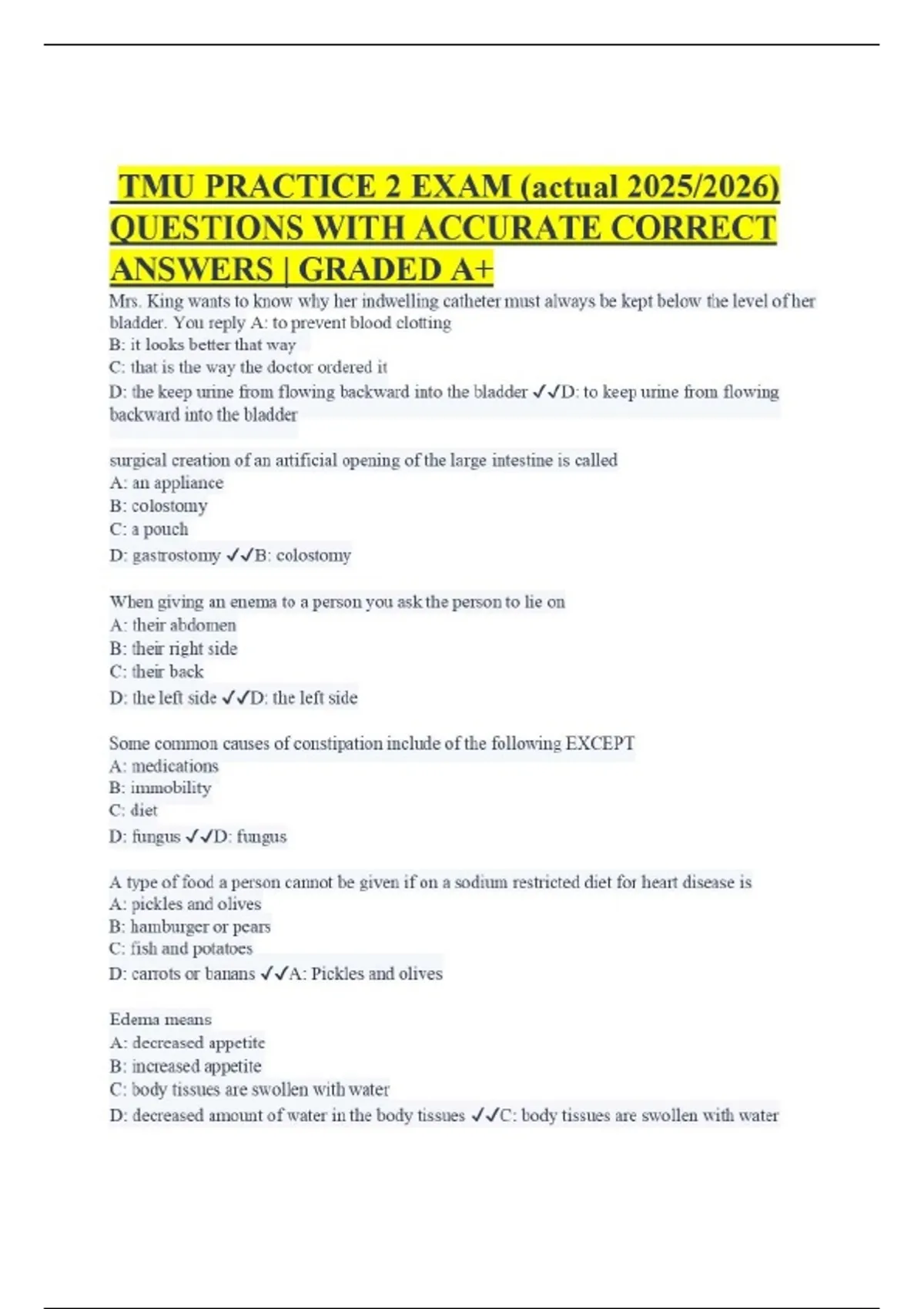 TMU PRACTICE 2 EXAM (actual 2025/2026) QUESTIONS WITH ACCURATE CORRECT ...