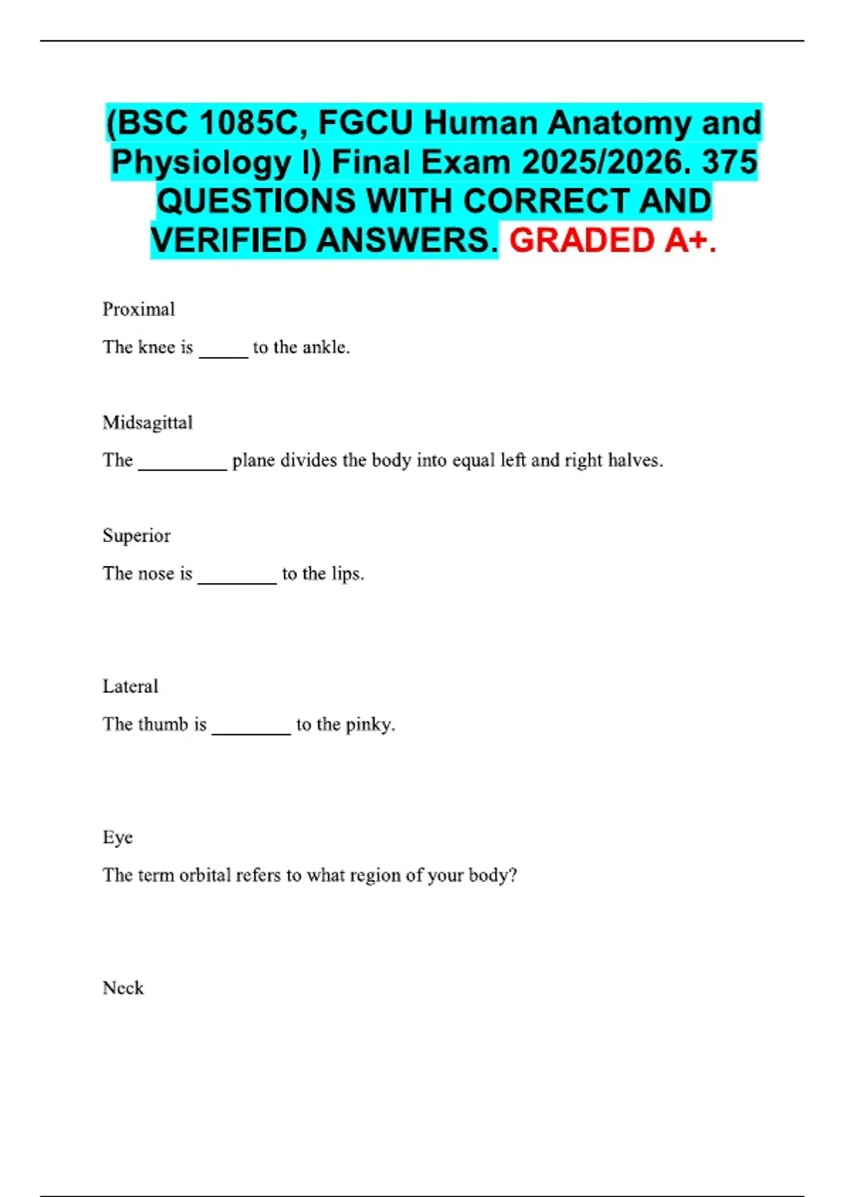 (BSC 1085C, FGCU Human Anatomy and Physiology I) Final Exam 2025/2026 ...