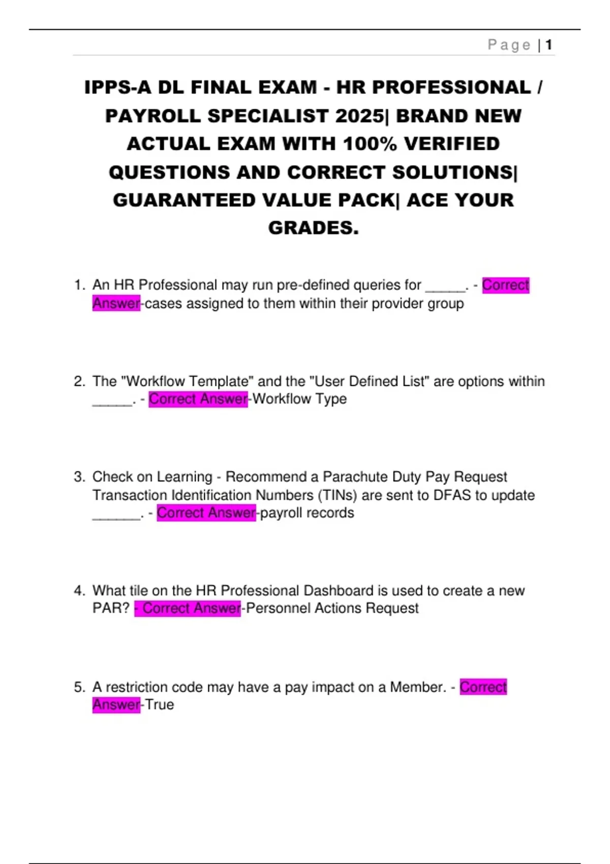 IPPS-A DL FINAL EXAM - HR PROFESSIONAL / PAYROLL SPECIALIST 2025| BRAND NEW ACTUAL EXAM WITH 100 ...
