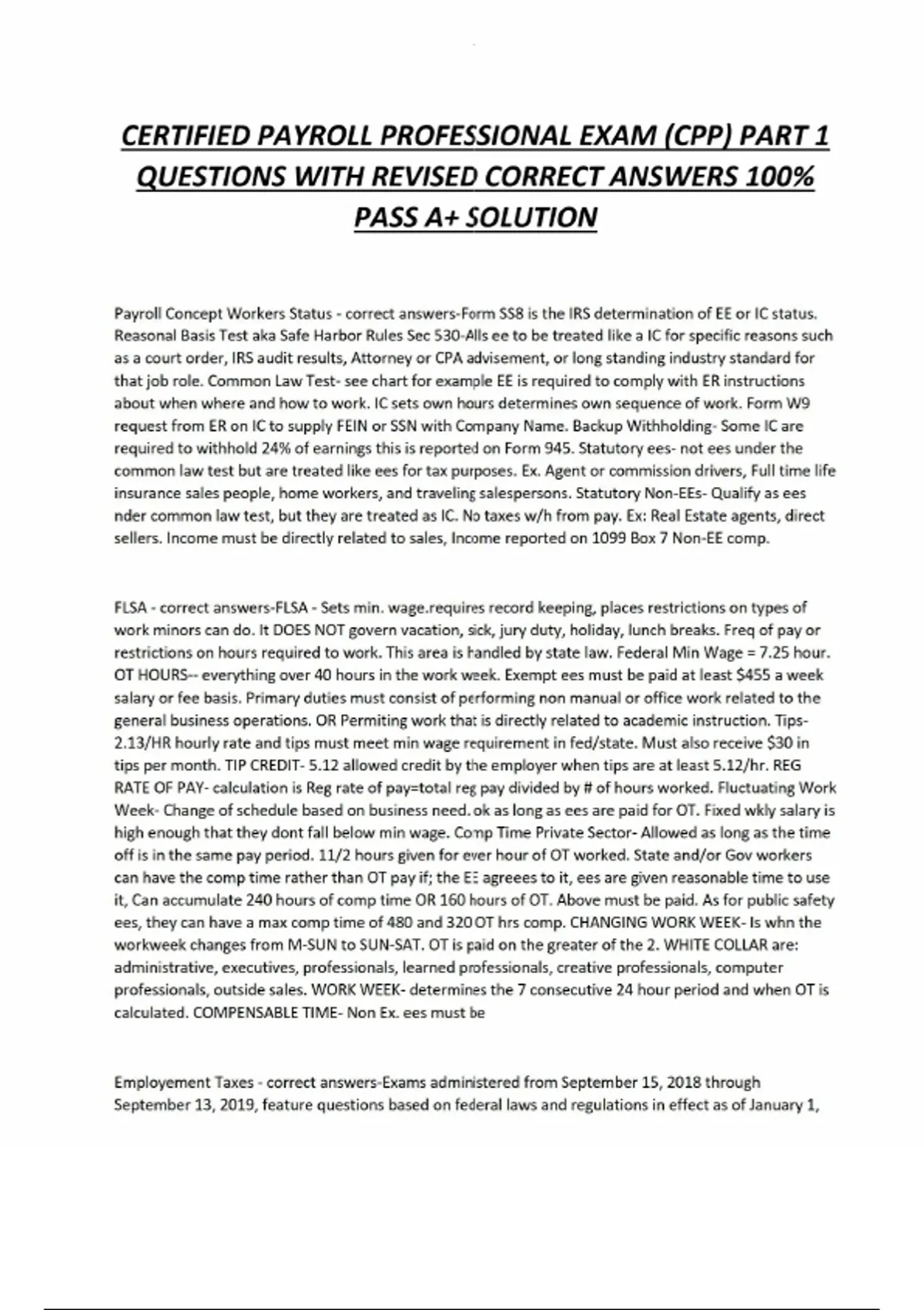 CERTIFIED PAYROLL PROFESSIONAL EXAM (CPP) PART 1 QUESTIONS WITH REVISED ...