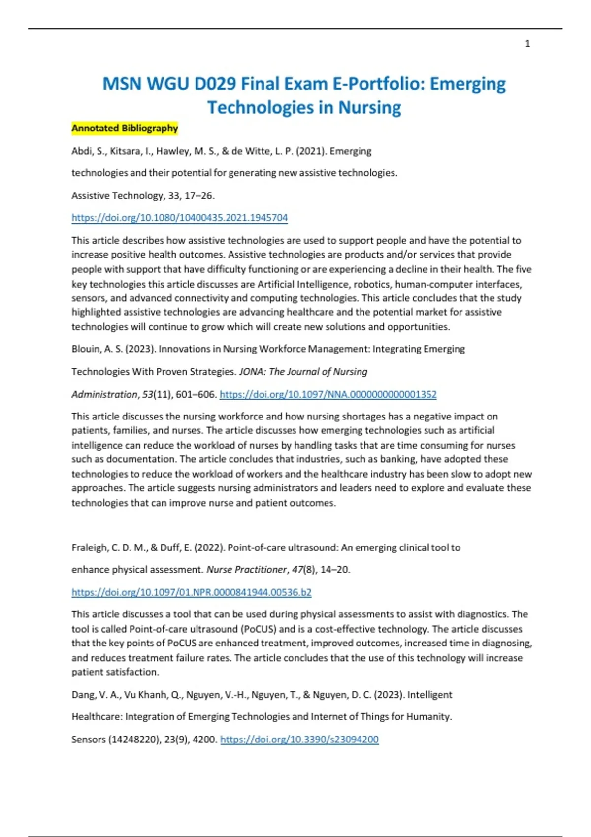 MSN WGU D029 Final Exam E-Portfolio: Emerging Technologies in Nursing ...