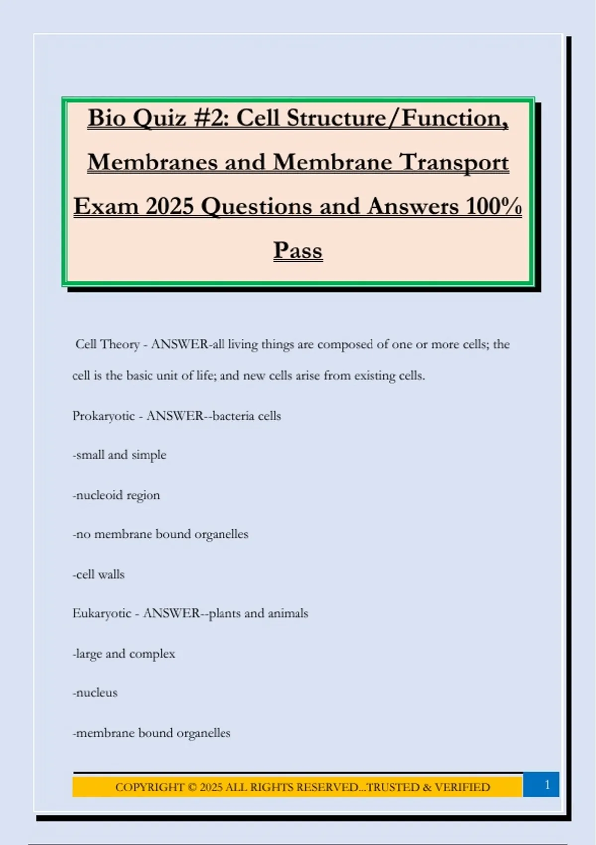 Bio Quiz #2: Cell Structure/Function, Membranes and Membrane Transport ...