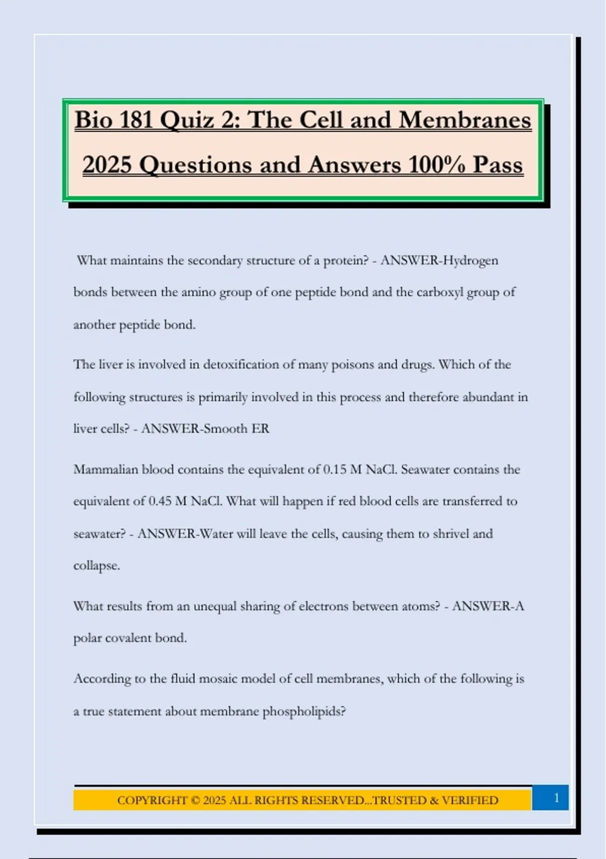 Bio 181 Quiz 2: The Cell and Membranes 2025 Questions and Answers 100% ...