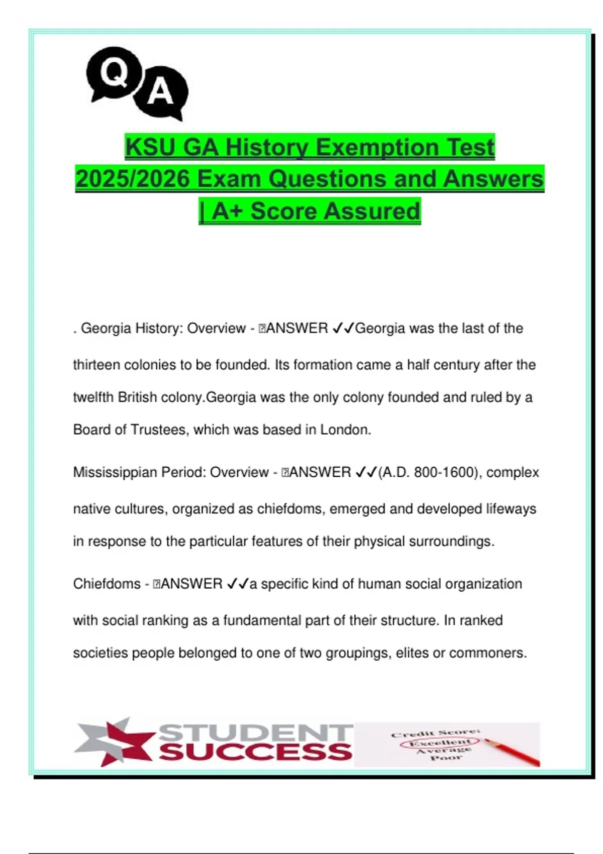 KSU Georgia History Exemption Test 2025/2026 — Verified Questions and ...