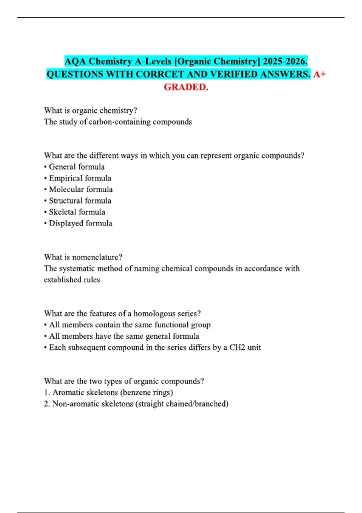AQA Chemistry A-Levels [Organic Chemistry] . QUESTIONS WITH CORRCET AND ...