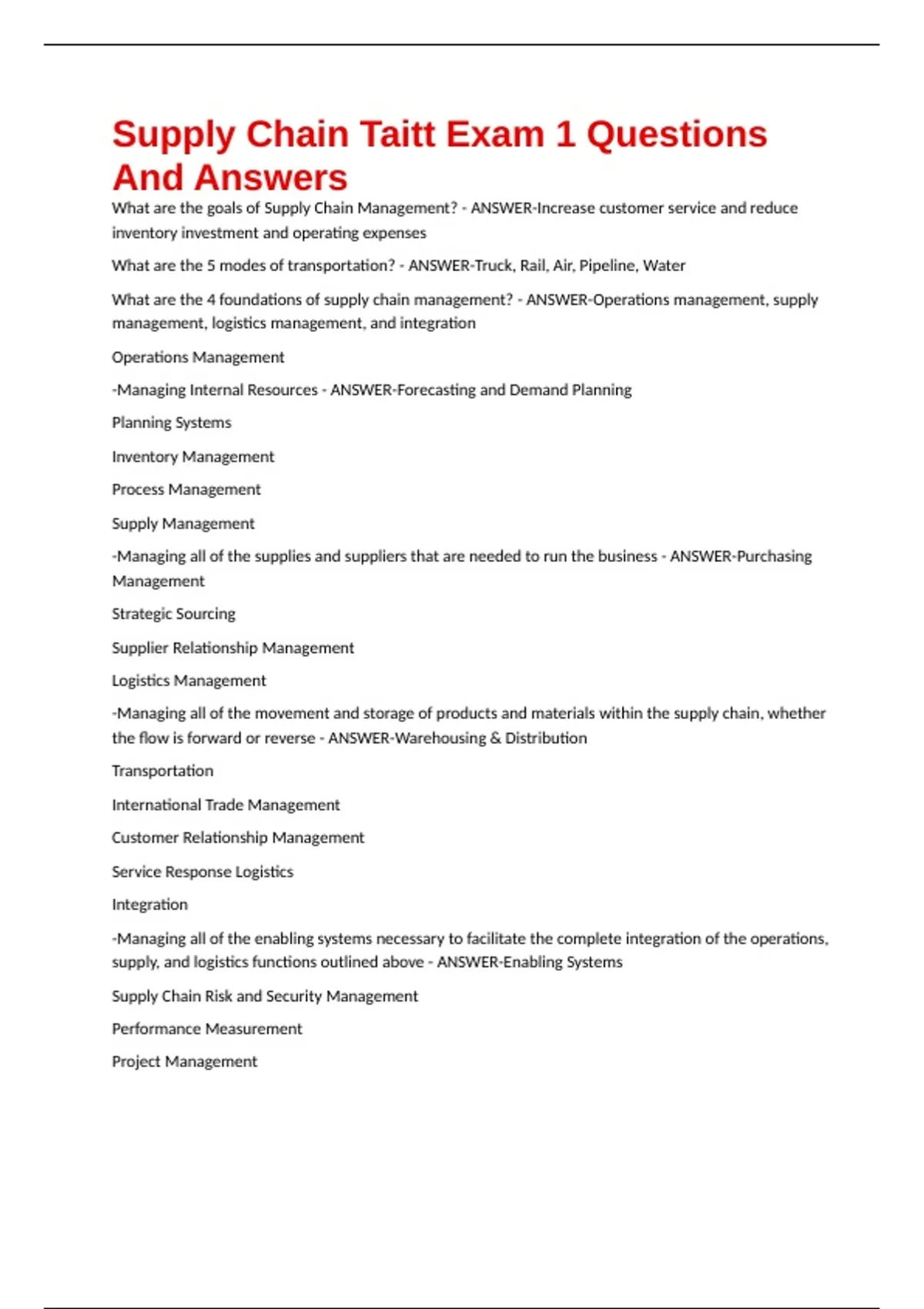 Supply Chain Taitt Exam 1 Questions And Answers - SUPPLY CHAIN - Stuvia US