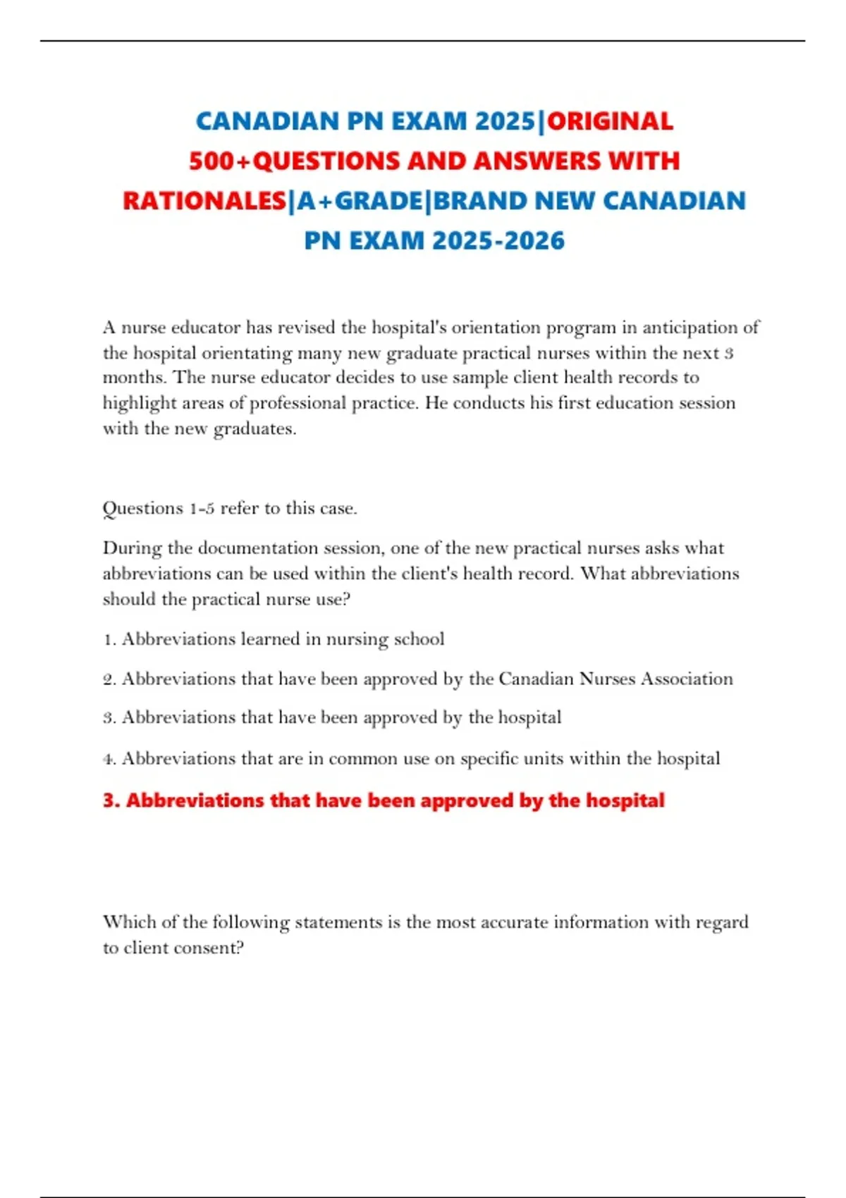 CANADIAN PN EXAM 2025|ORIGINAL 500+QUESTIONS AND ANSWERS WITH ...
