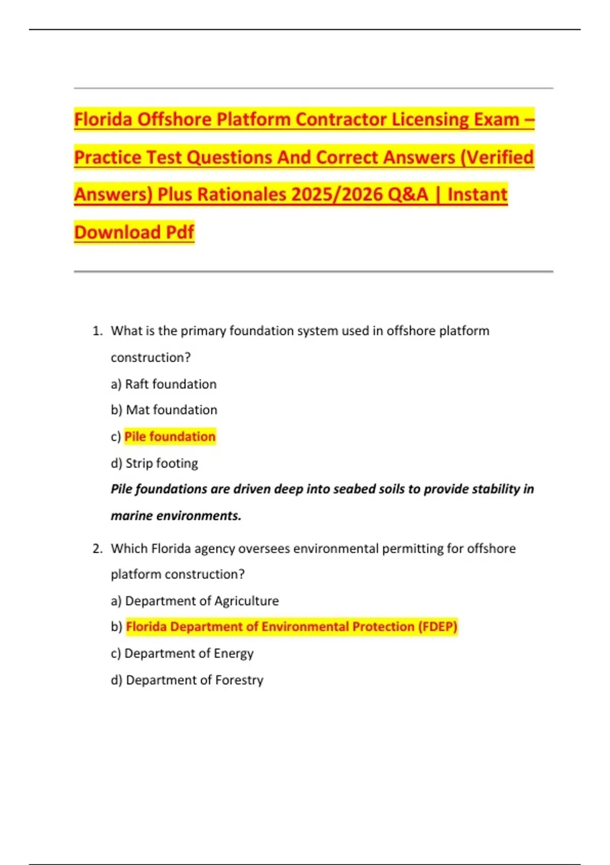 Florida Offshore Platform Contractor Licensing Exam – Practice Test ...