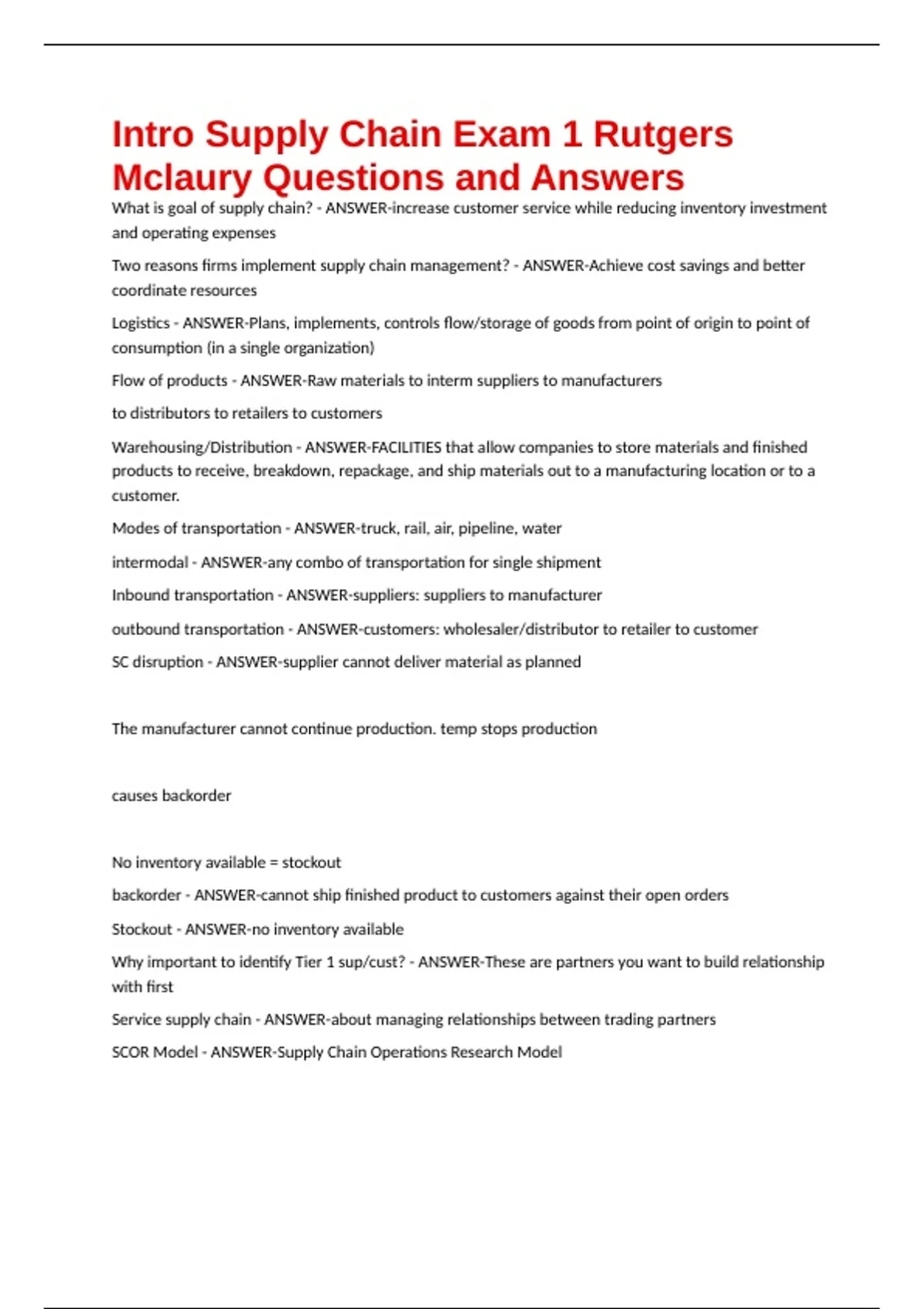Intro Supply Chain Exam 1 Rutgers Mclaury Questions and Answers ...