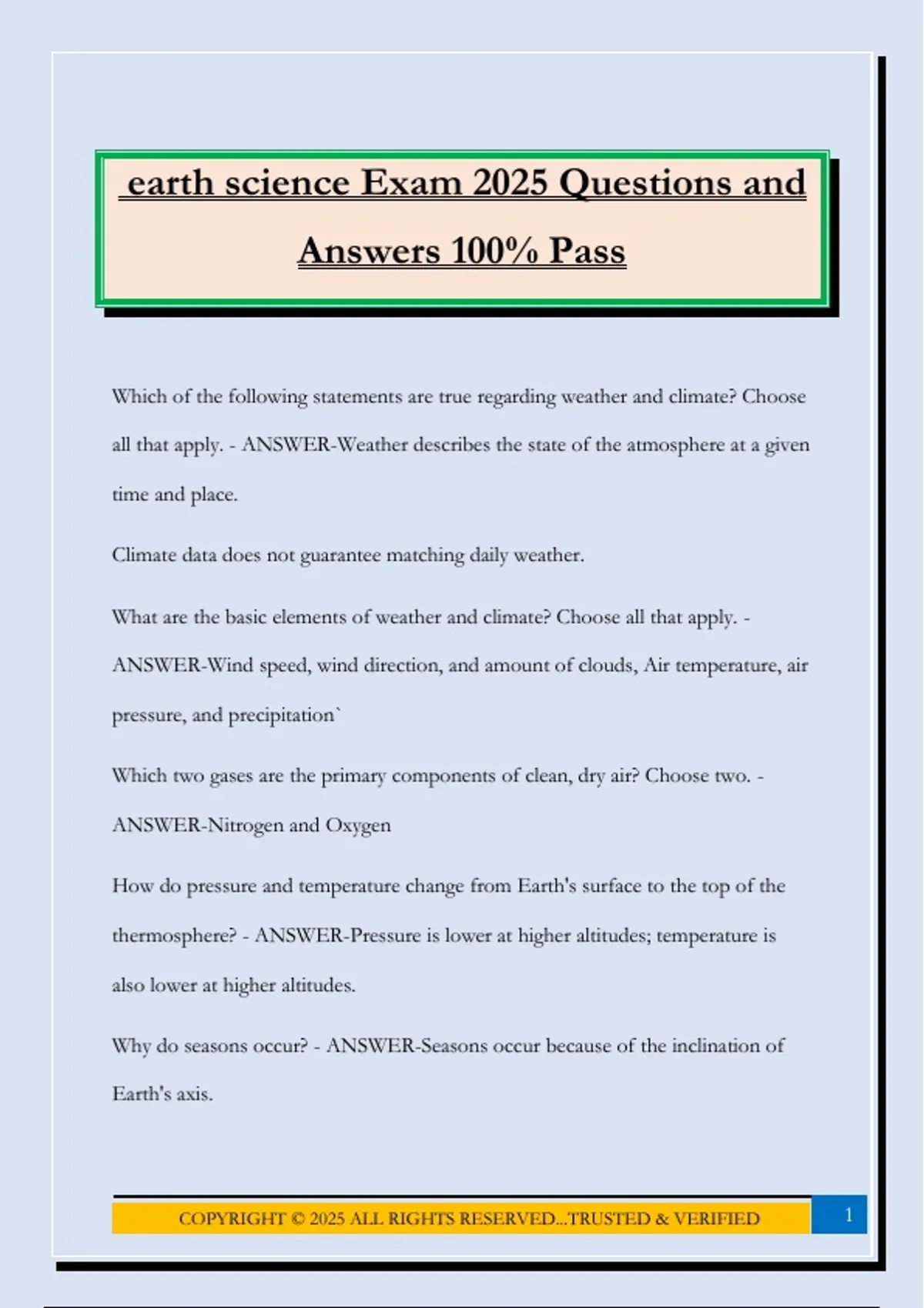 Earth Science Bundled Exams 2025/2026 |Questions and Answers |100% Pass ...