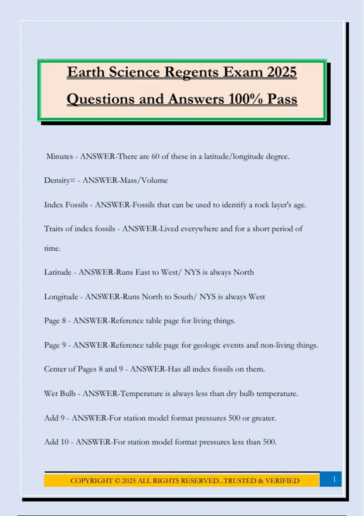 Earth Science Regents Exam 2025 Questions and Answers 100% Pass - Earth ...