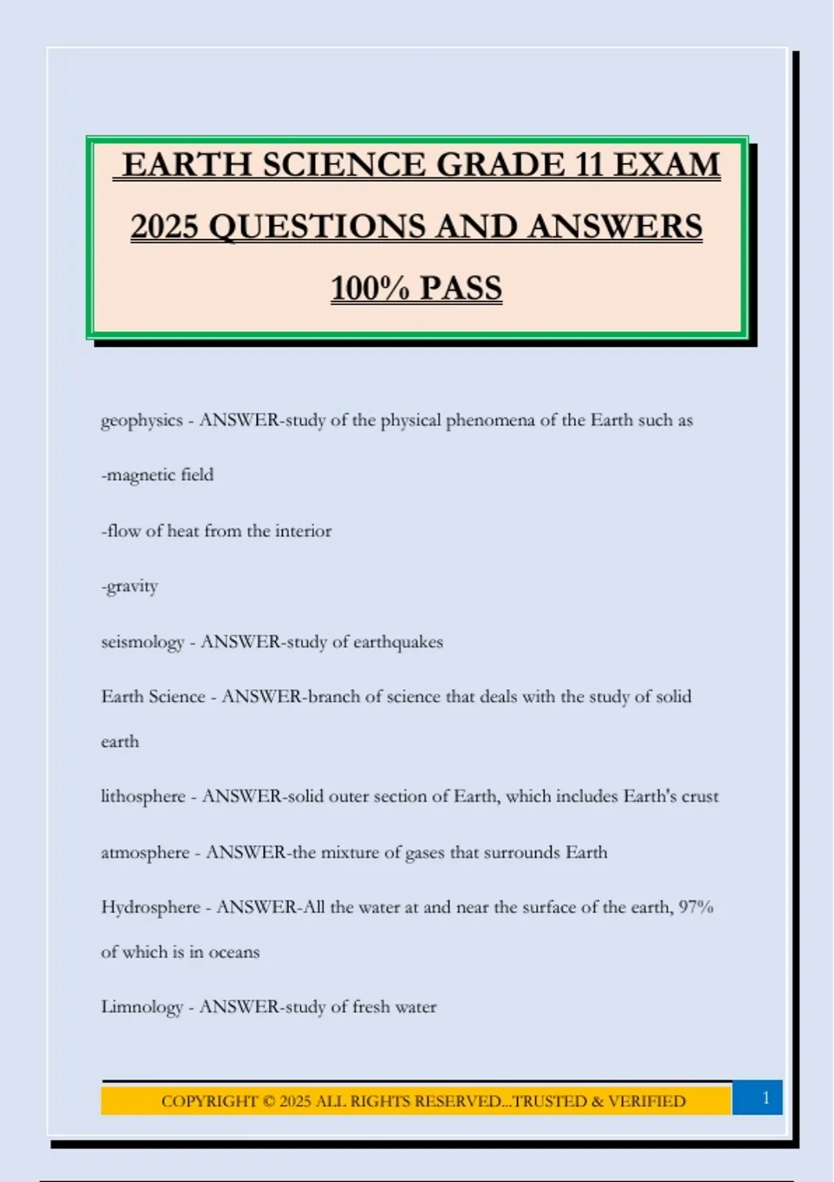 EARTH SCIENCE GRADE 11 EXAM 2025 QUESTIONS AND ANSWERS 100% PASS - Earth Science - Stuvia US