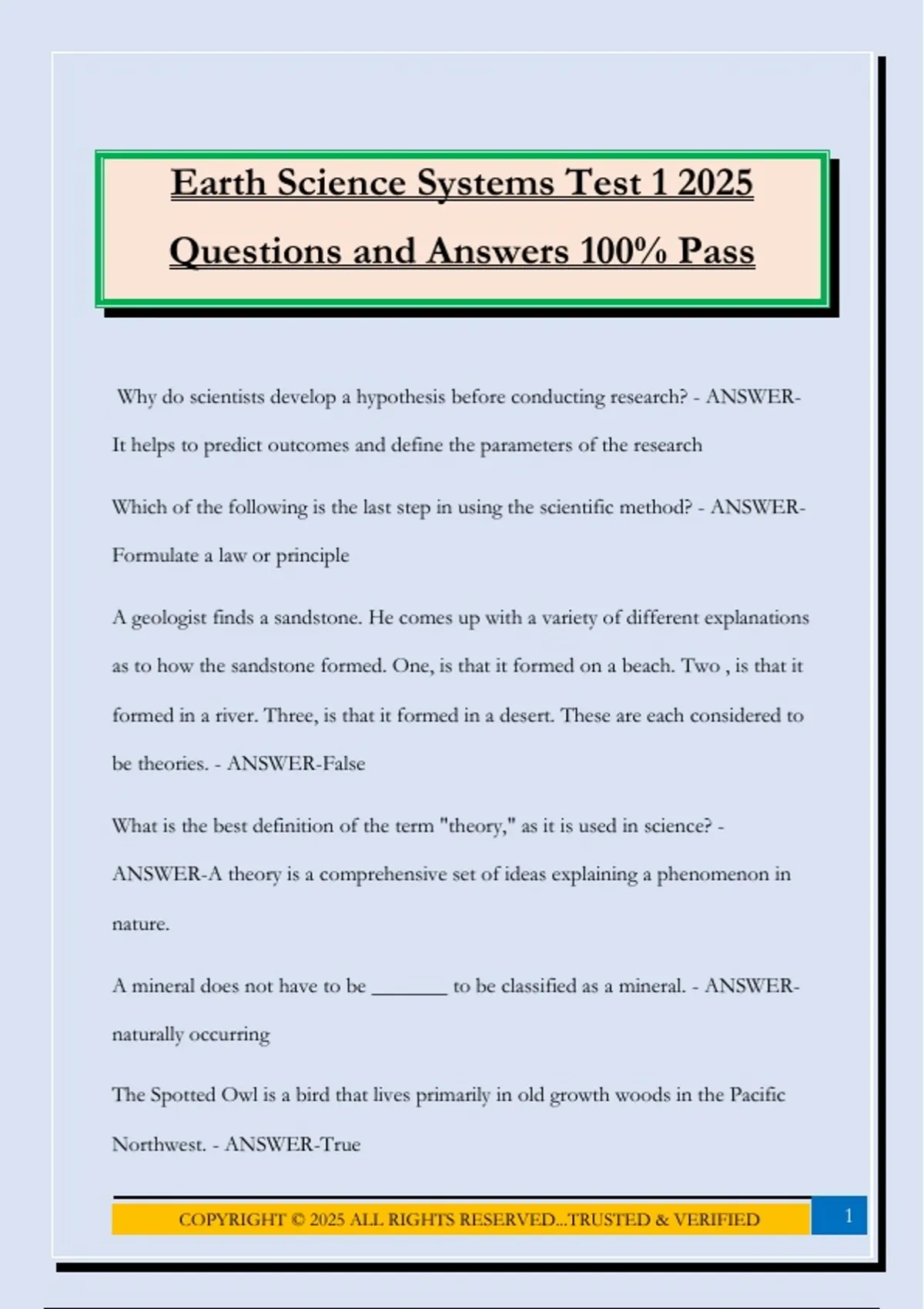 Earth Science Systems Test 1 2025 Questions and Answers 100% Pass ...