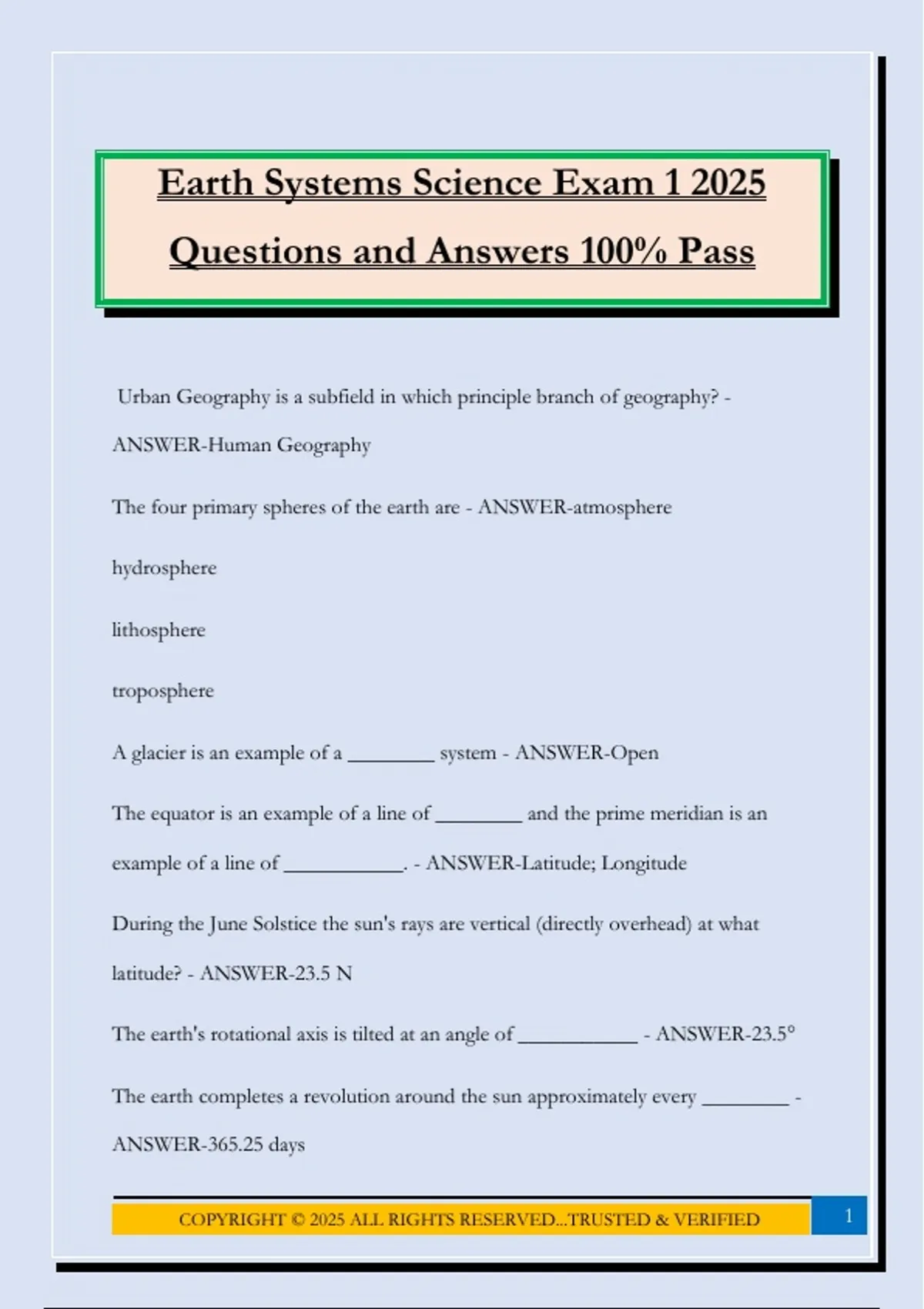 Earth Systems Science Exam 1 2025 Questions and Answers 100% Pass ...