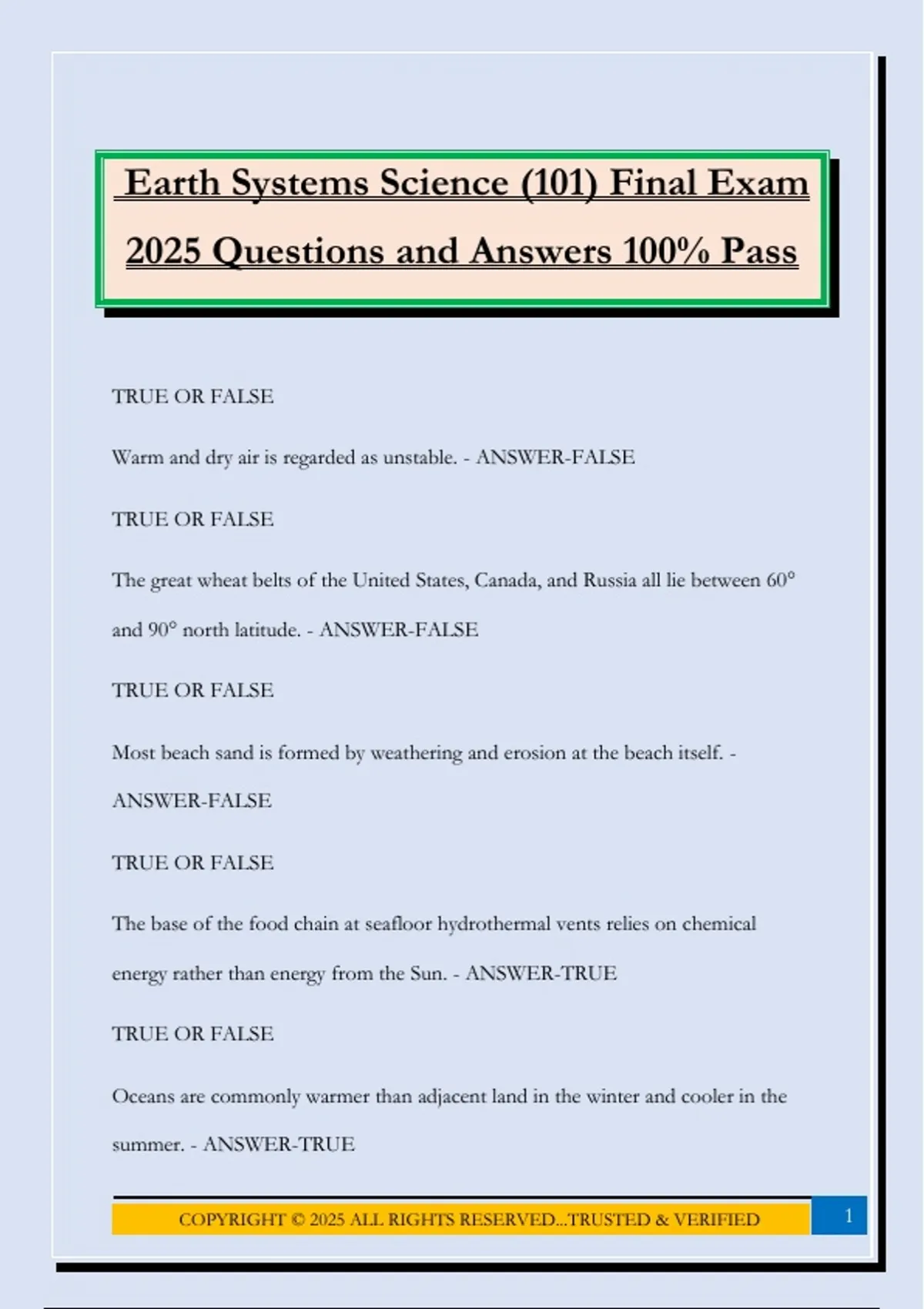 Earth Systems Science (101) Final Exam 2025 Questions and Answers 100% ...