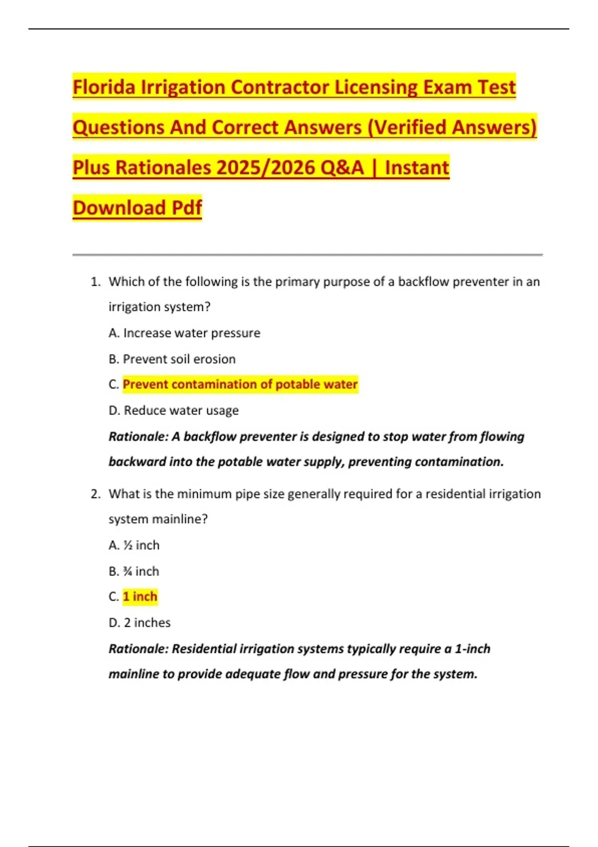 Florida Irrigation Contractor Licensing Exam Test Questions And Correct ...