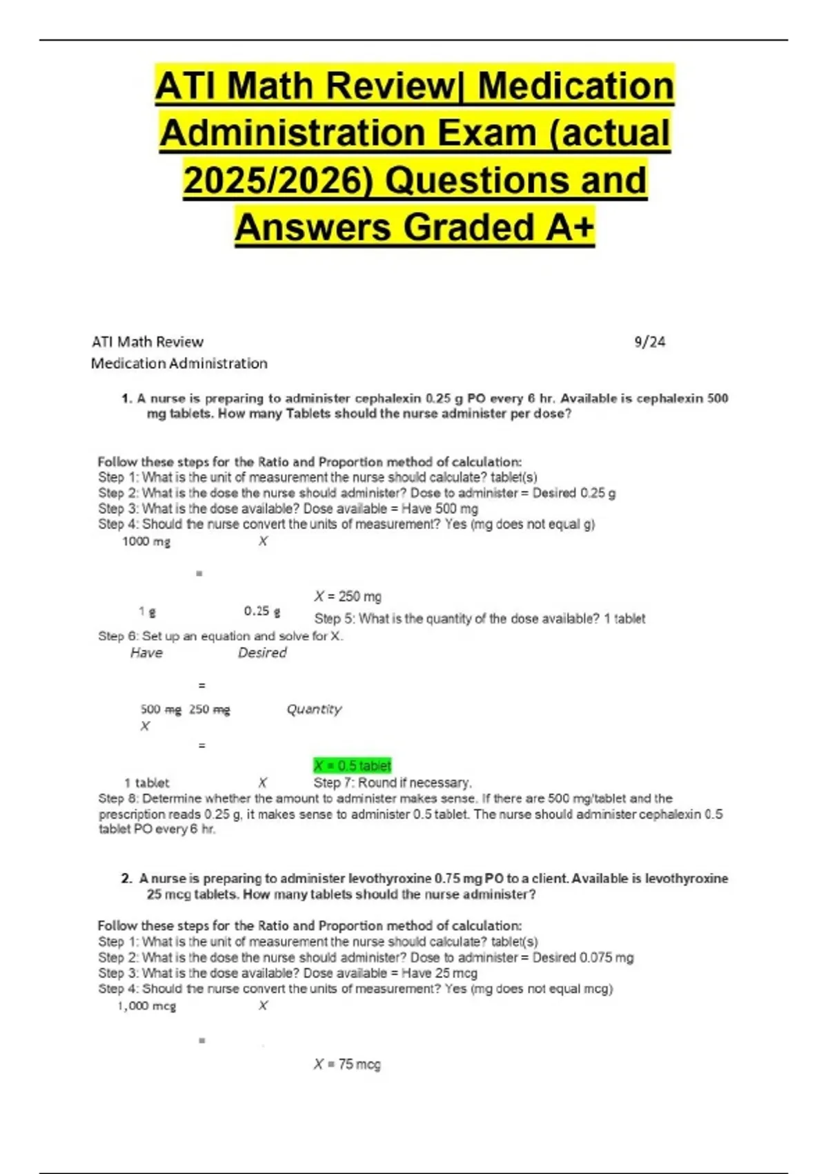 ATI Math Review| Medication Administration Exam (actual 2025/2026 ...
