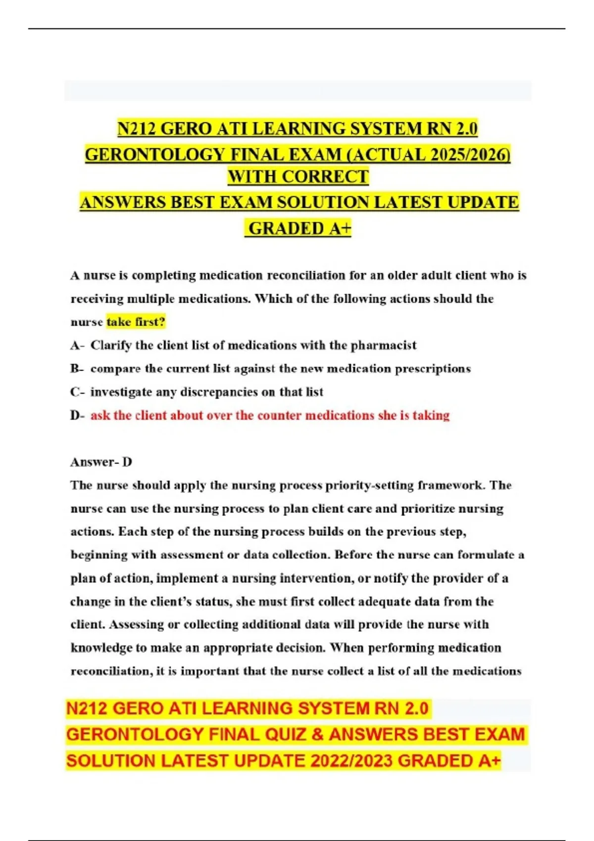 N212 GERO ATI LEARNING SYSTEM RN 2.0 GERONTOLOGY FINAL EXAM (ACTUAL ...