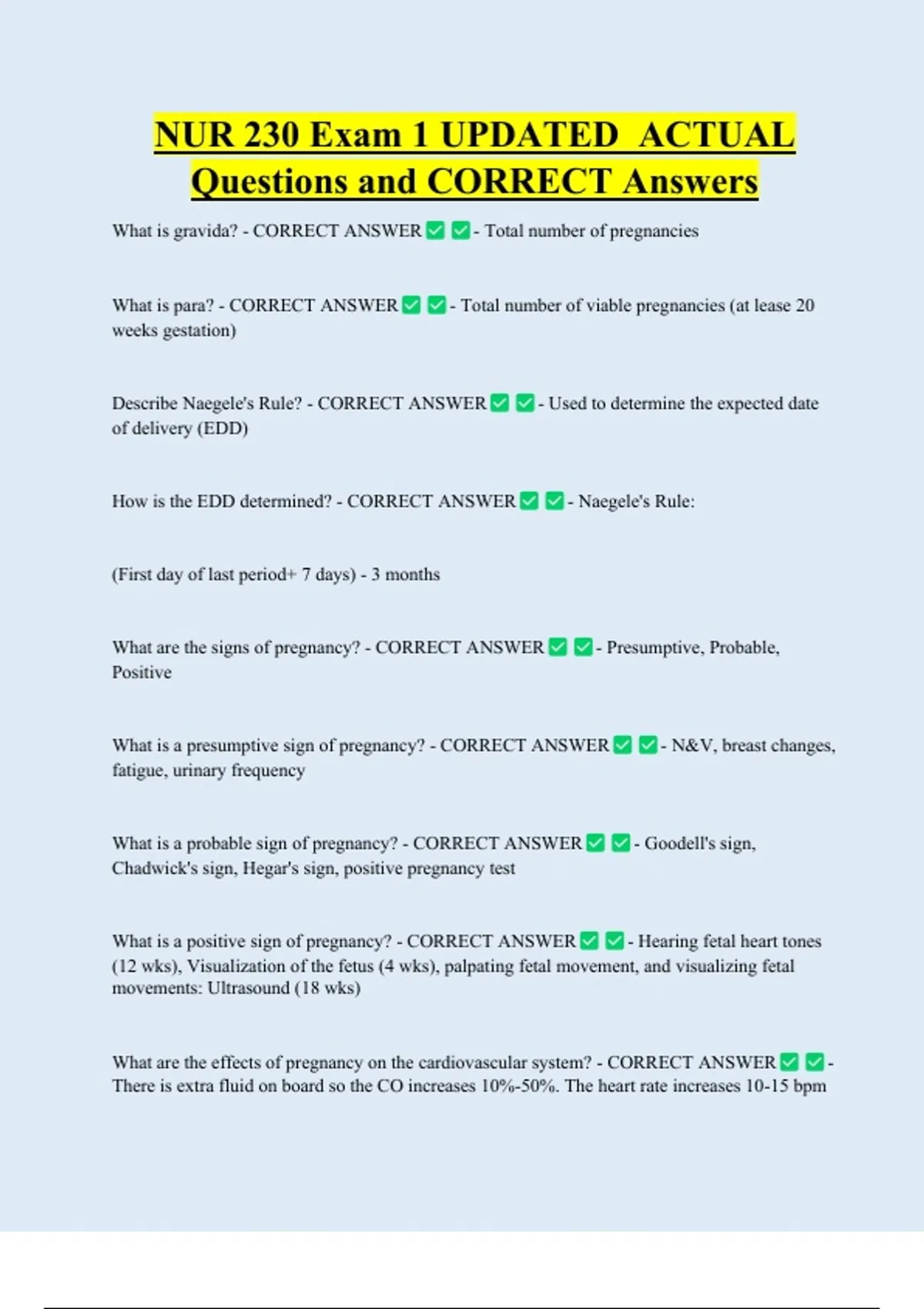 NUR 230 Bundled Exam Questions WITH CORRECT Answers - Stuvia US