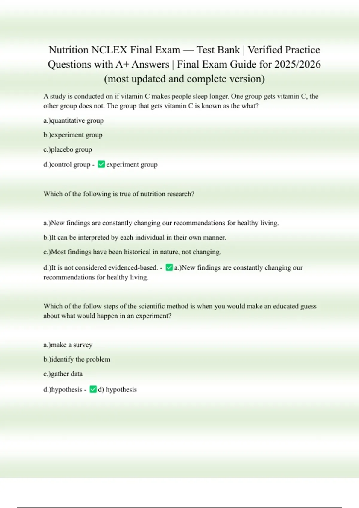 Nutrition NCLEX Final Exam — Test Bank | Verified Practice Questions ...
