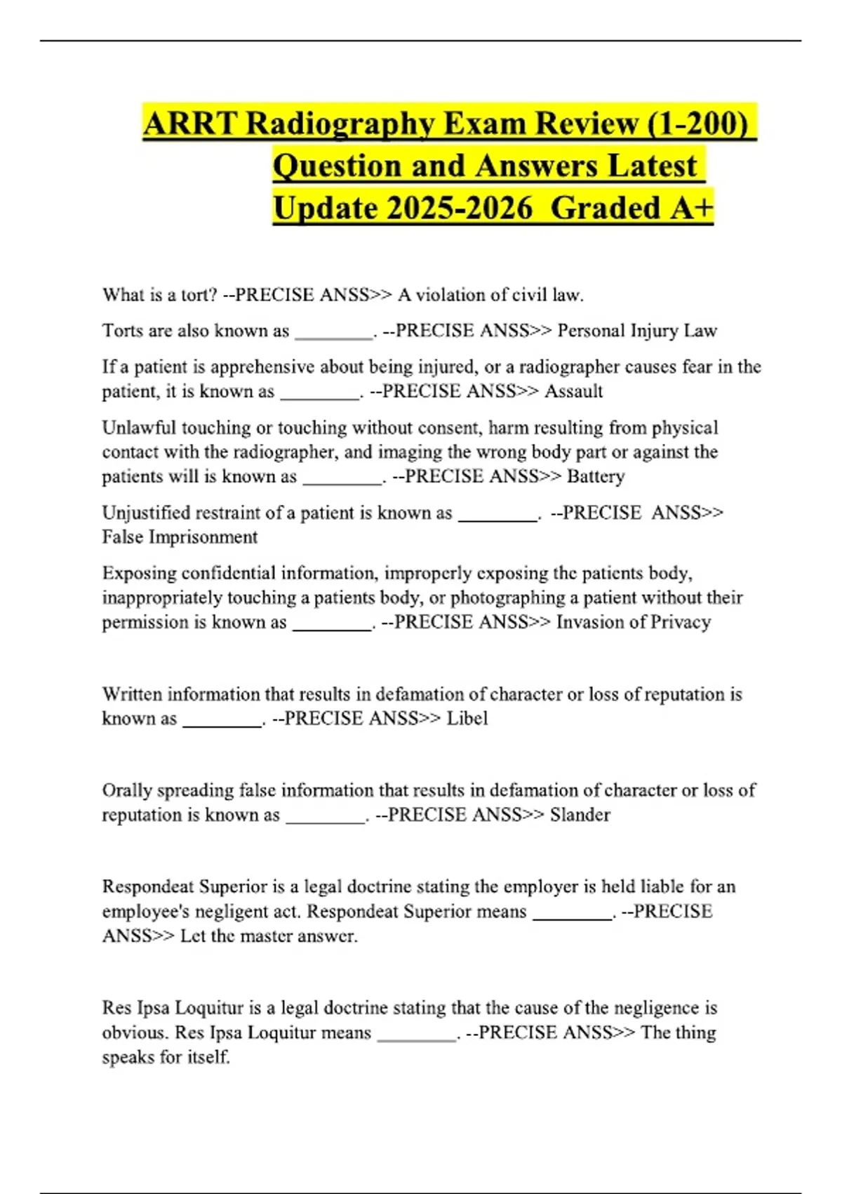 ARRT Radiography Exam Review (1-200) Question and Answers Latest Update ...