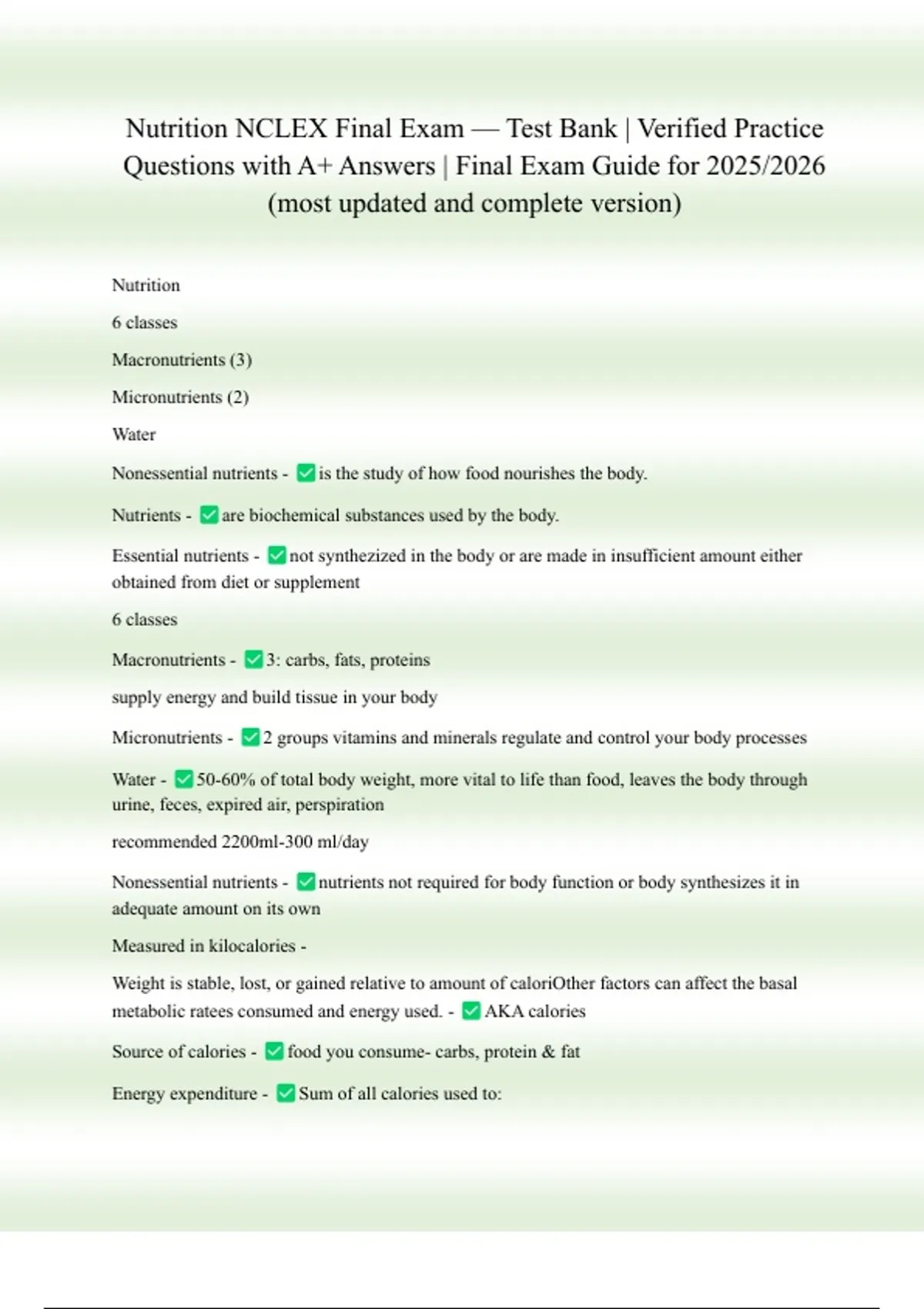Nutrition NCLEX Final Exam — Test Bank | Verified Practice Questions ...