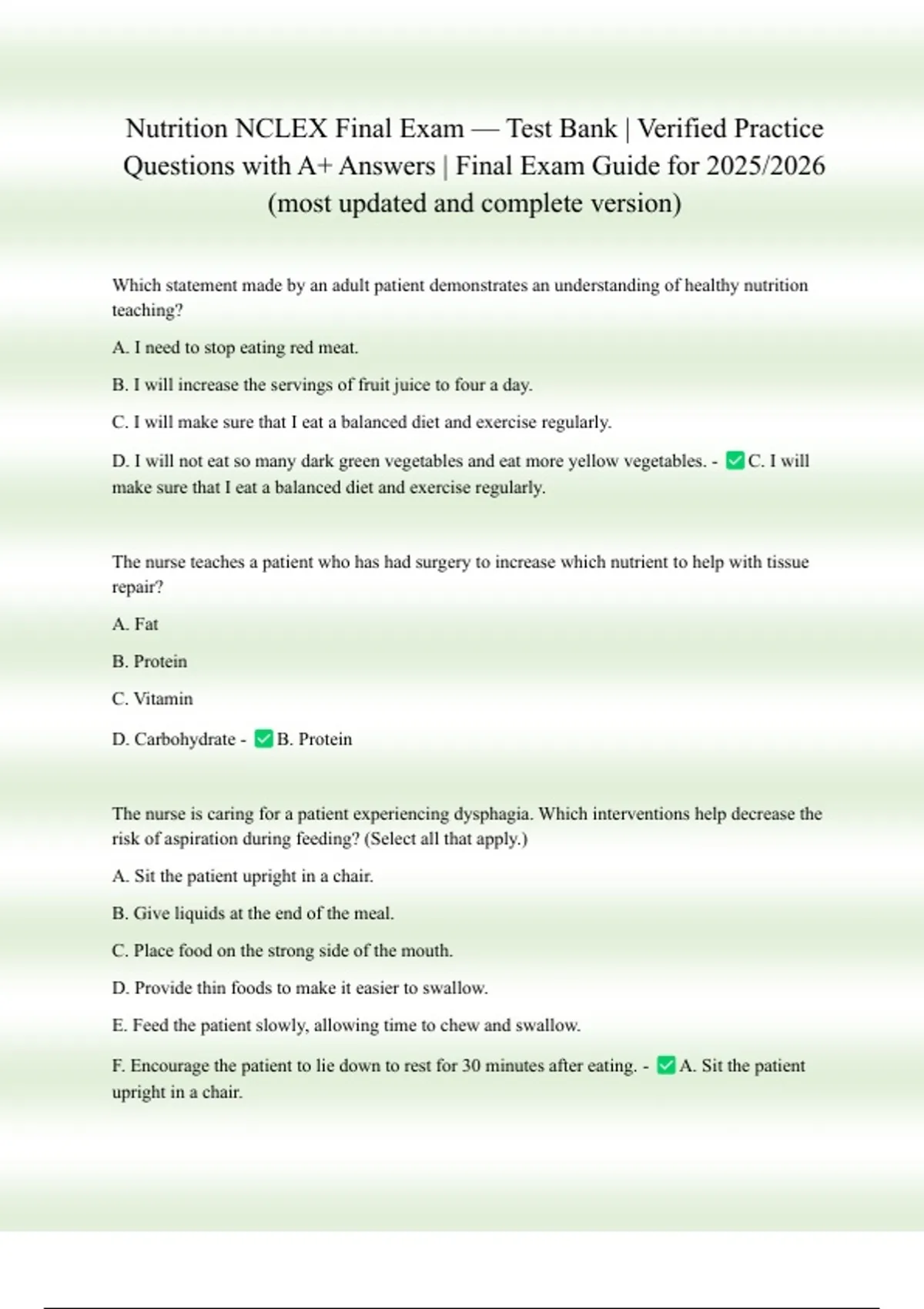 Nutrition NCLEX Final Exam — Test Bank | Verified Practice Questions ...