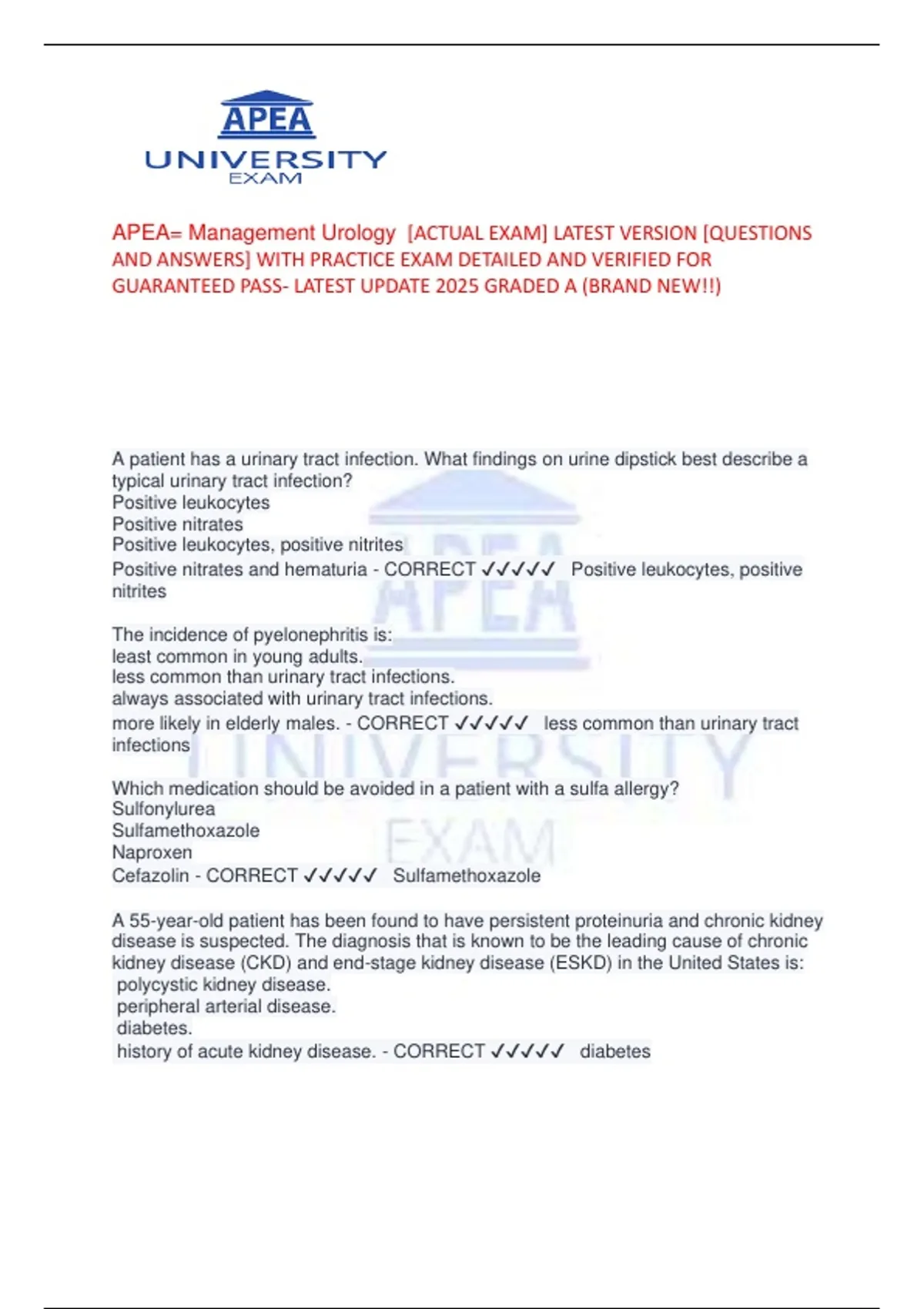 APEA Management Urology -ACTUAL EXAM- LATEST VERSION -QUESTIONS AND ...
