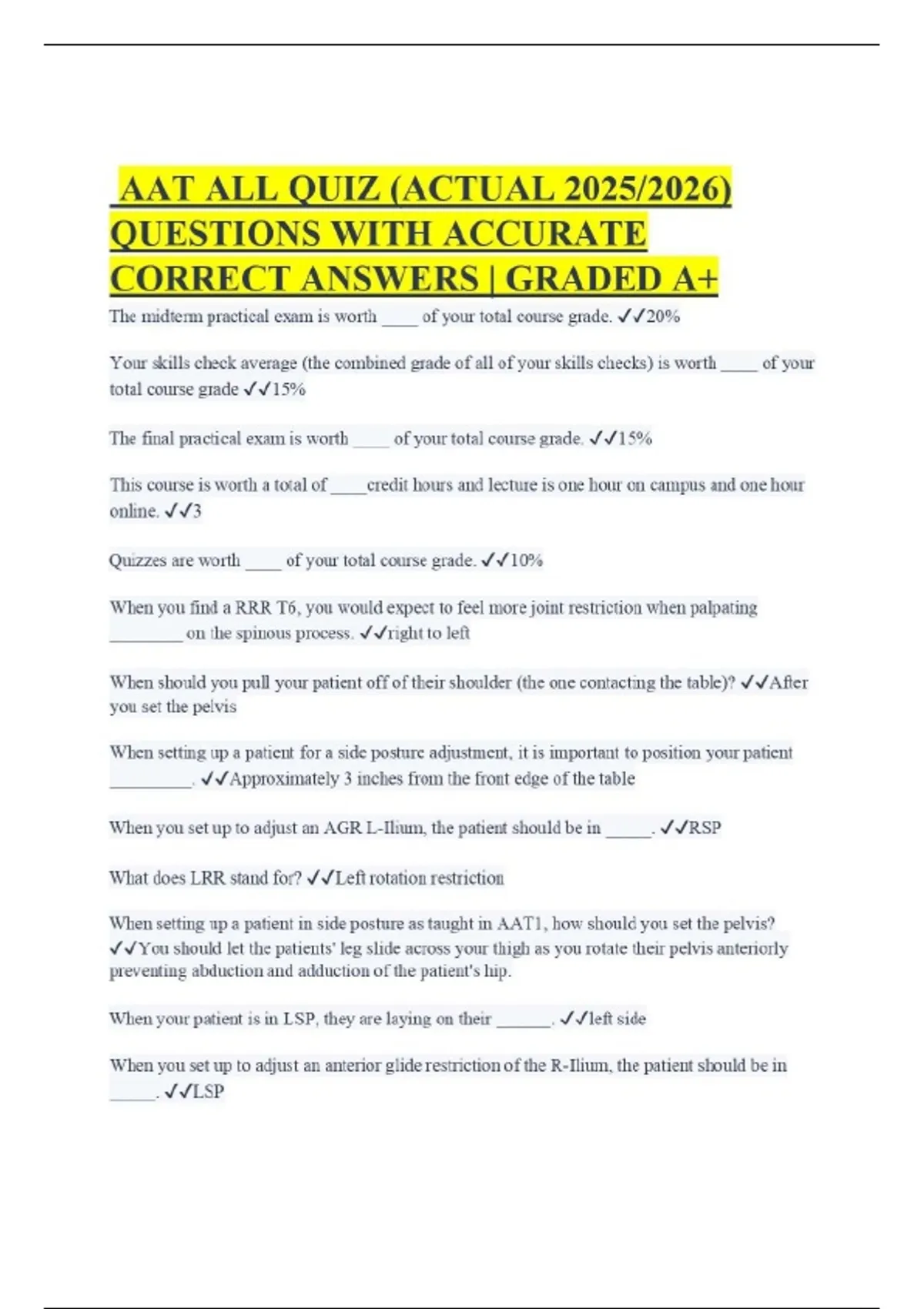 AAT ALL QUIZ (ACTUAL 2025/2026) QUESTIONS WITH ACCURATE CORRECT ANSWERS ...