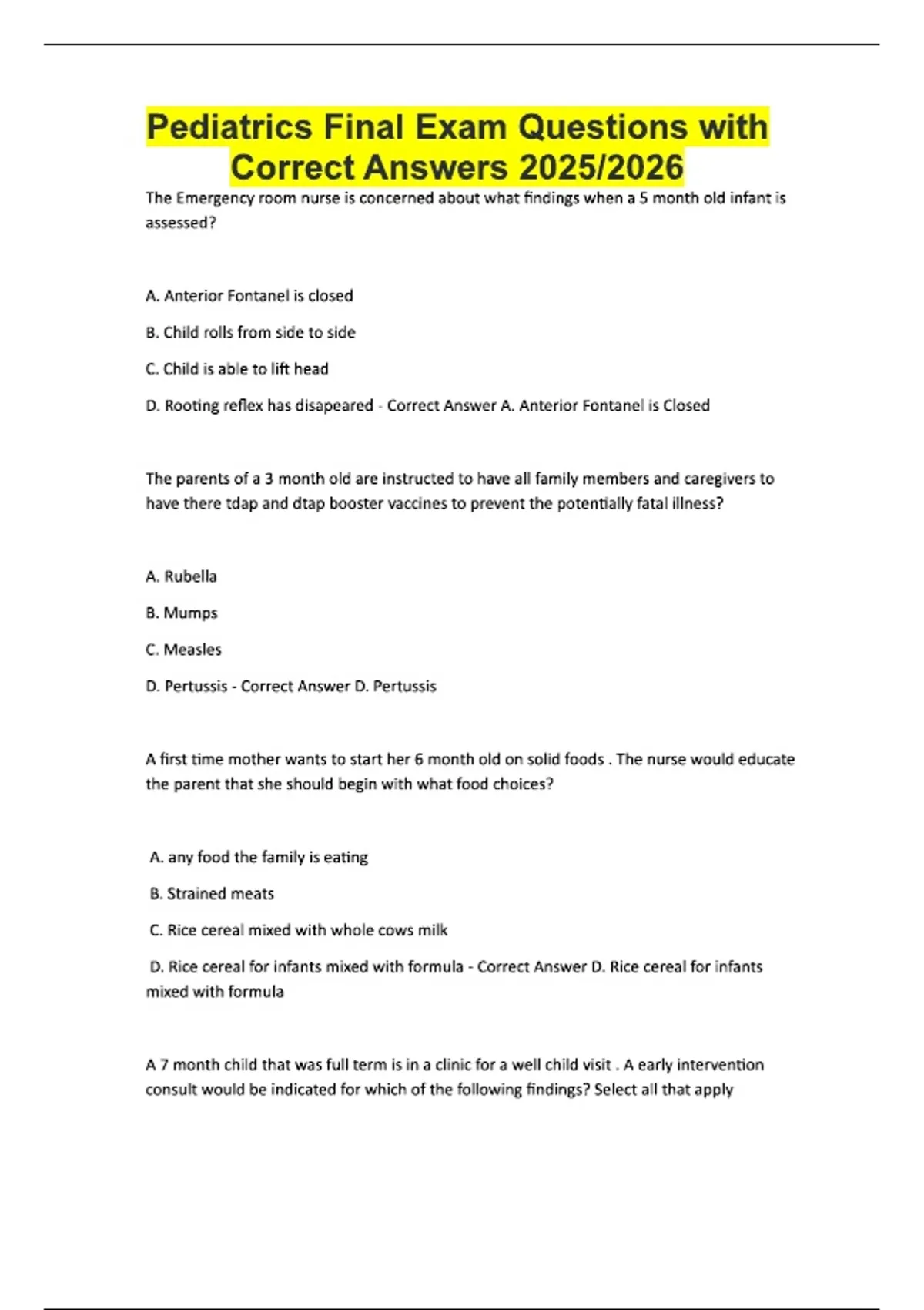 Pediatrics Final Exam Questions with Correct Answers 2025/2026 ...