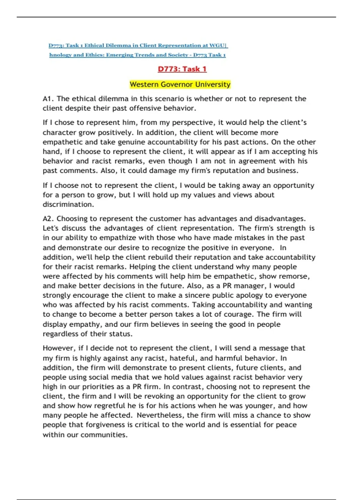 D773: Task 1 Ethical Dilemma in Client Representation at WGU| hnology ...