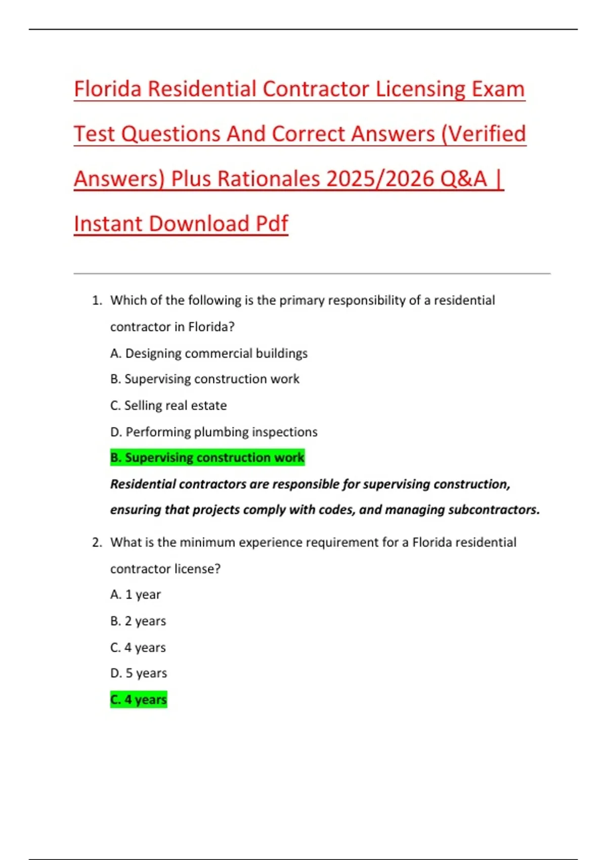 Florida Residential Contractor Licensing Exam Test Questions And ...
