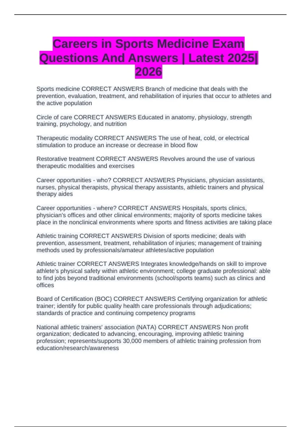 Careers in Sports Medicine Exam Questions And Answers | Latest 2025 ...