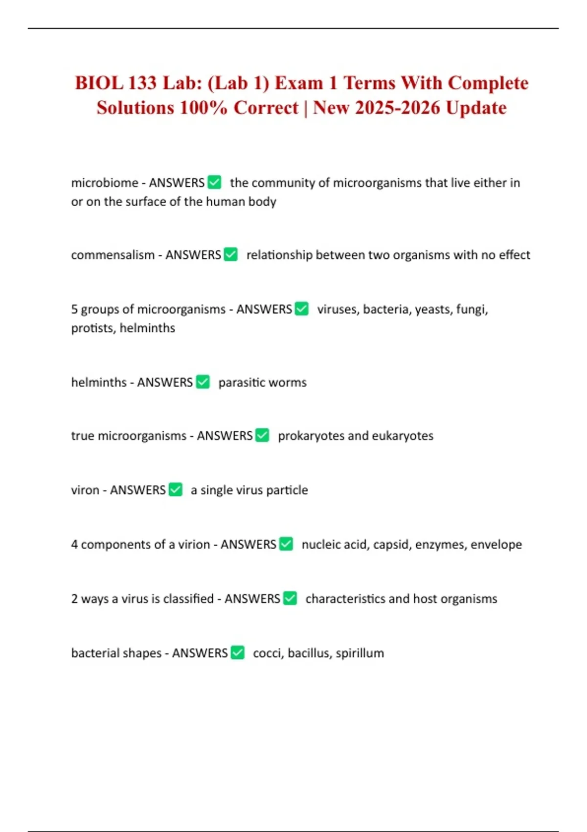 BIOL 133 Lab: (Lab 1) Exam 1 Terms With Complete Solutions 100% Correct ...
