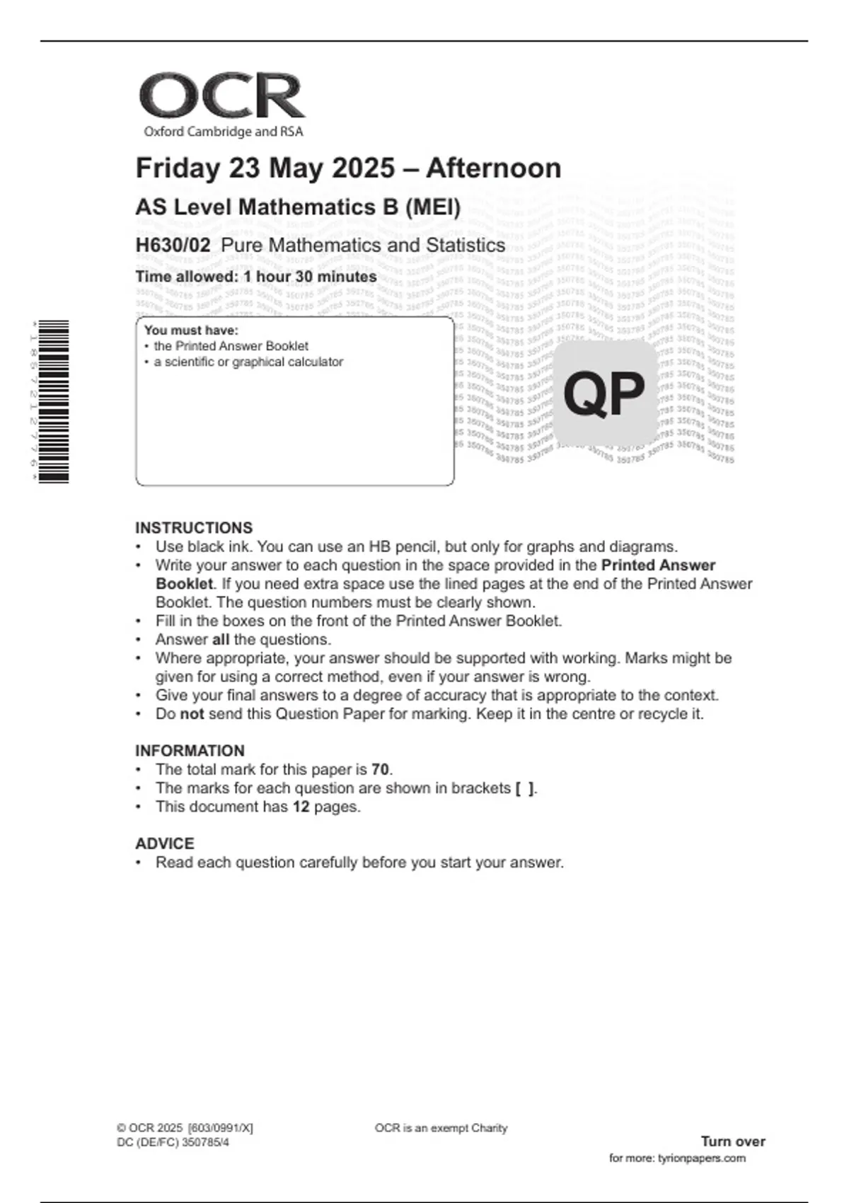 OCR AS LEVEL JUNE 2025 MATHS B MEI PAPER 2 QP PURE MATHS AND STATISTICS ...