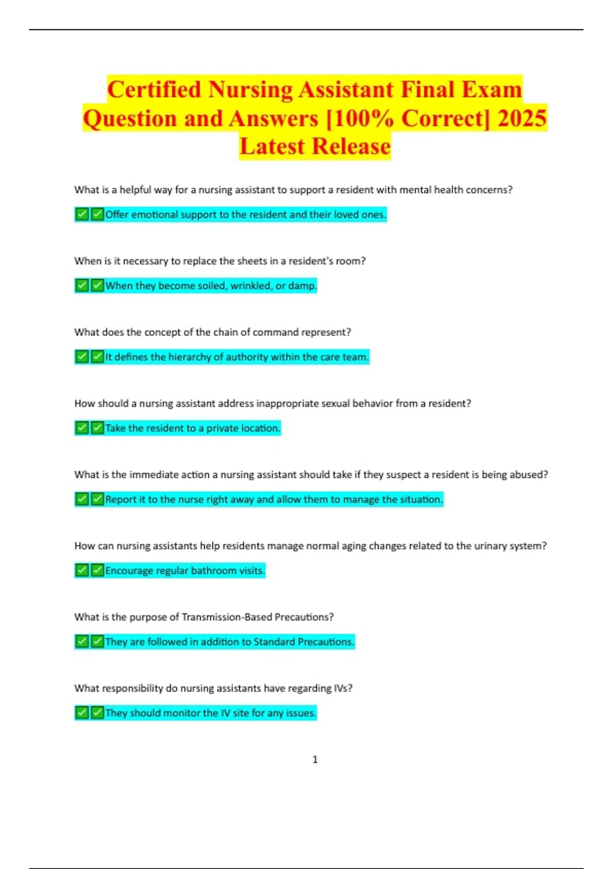 Certified Nursing Assistant Final Exam Question and Answers [100% ...