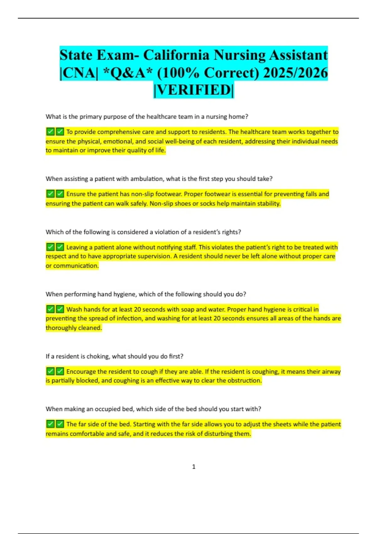 State Exam- California Nursing Assistant |CNA| *Q&A* (100% Correct ...